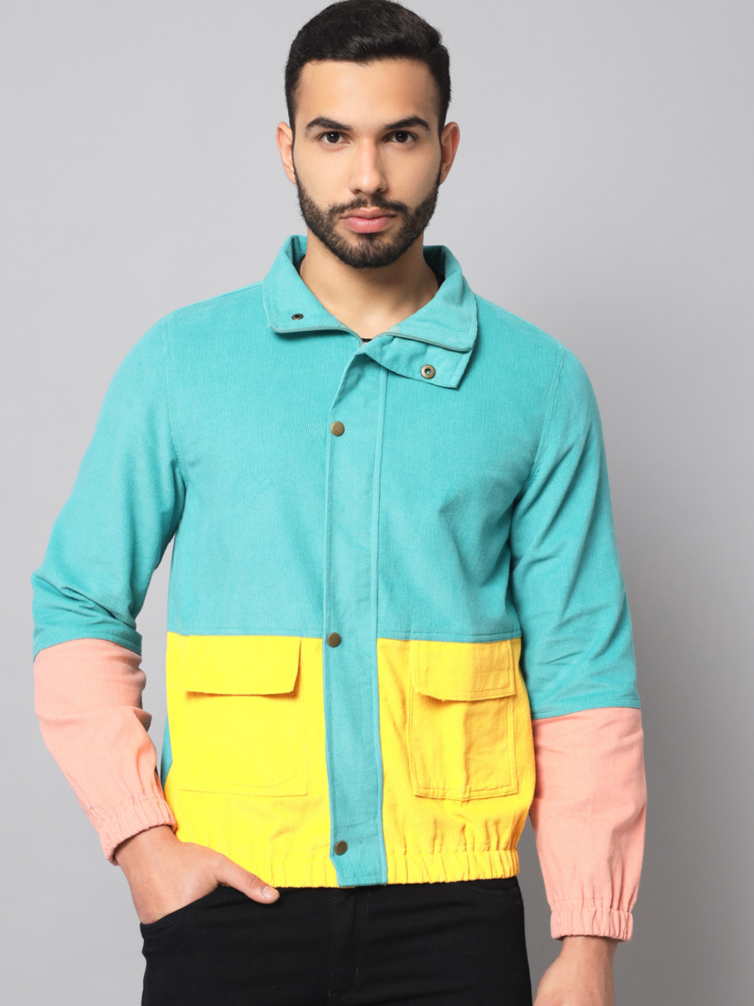 Buy The Dry State Men Teal & Yellow Colourblocked Corduroy Lightweight ...