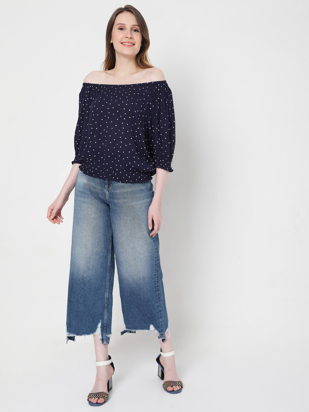 Buy Vero Moda Navy Blue And White Print Off Shoulder Bardot Top Tops