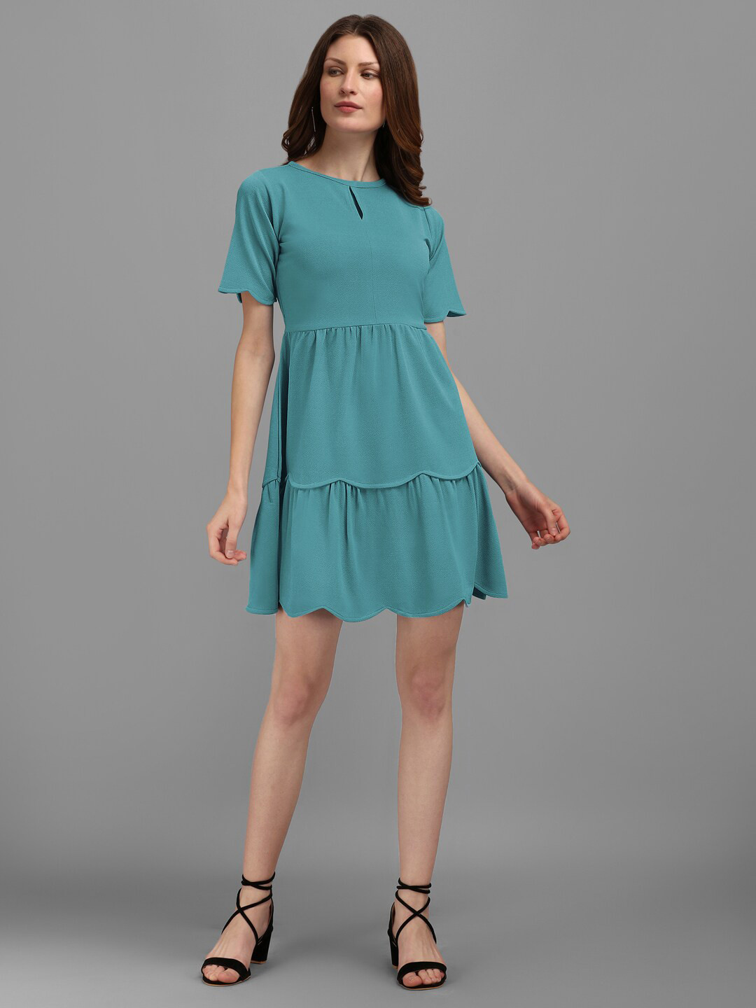 Buy PURVAJA Women Turquoise Blue Keyhole Neck Fit & Flare Dress ...