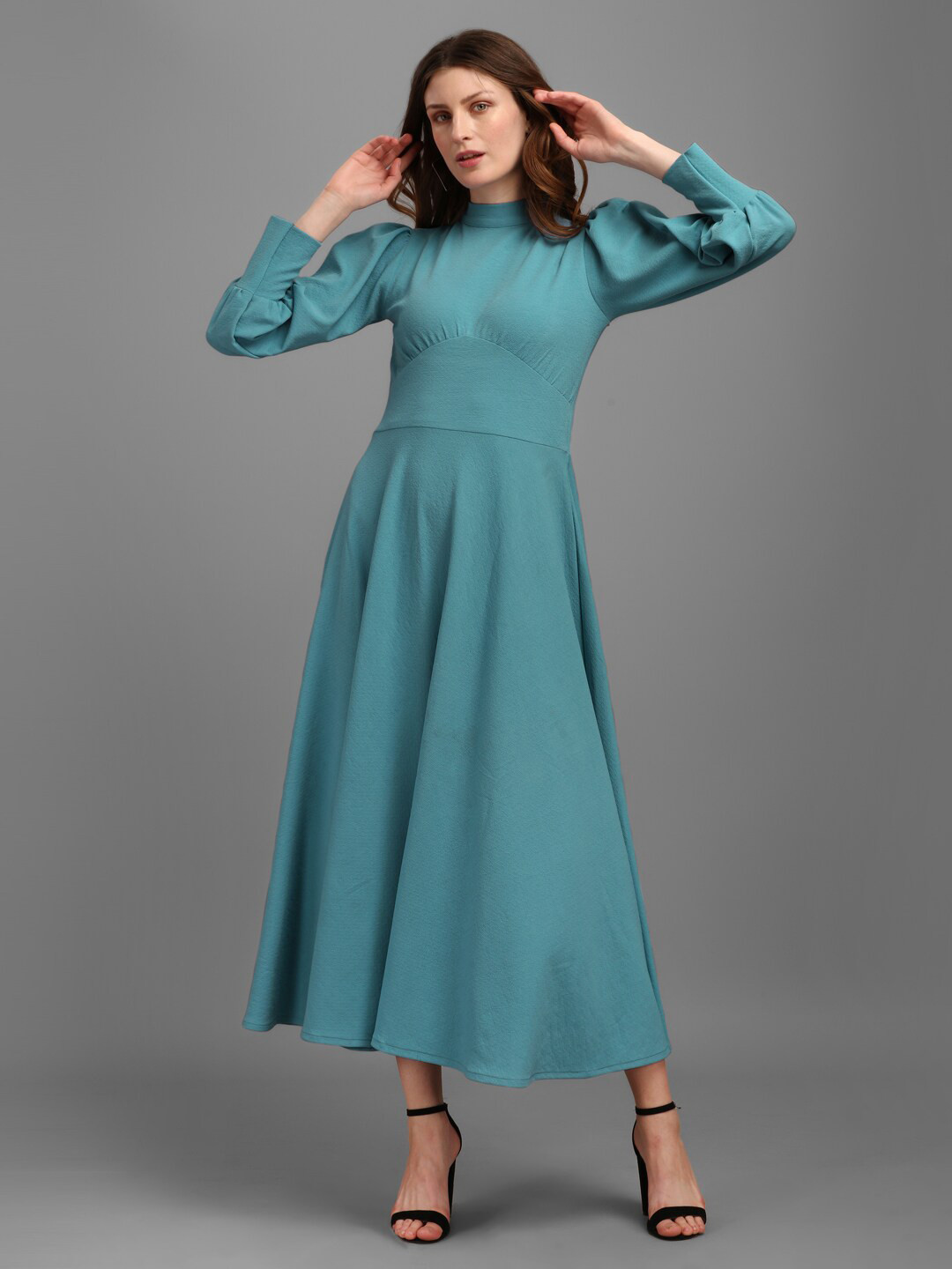 Buy PURVAJA Turquoise Blue Tie Up Neck Puff Sleeves Maxi Empire Dress ...