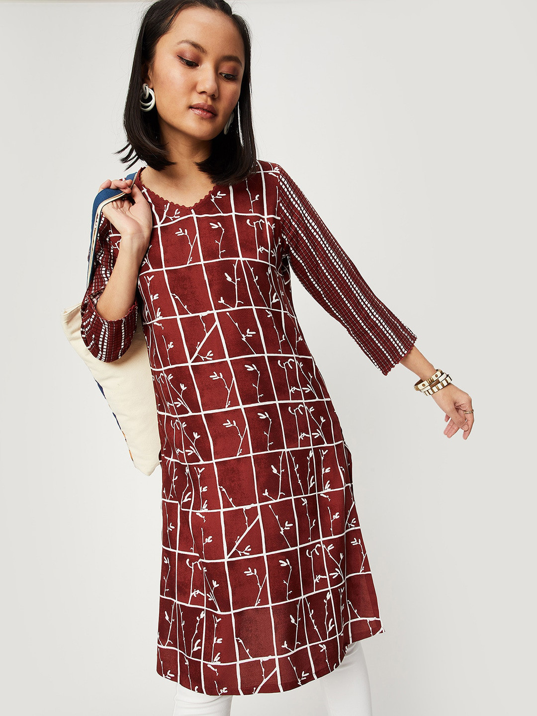 Buy Max Checked V Necked Straight Cut Kurta With Side Slits - Kurtas ...