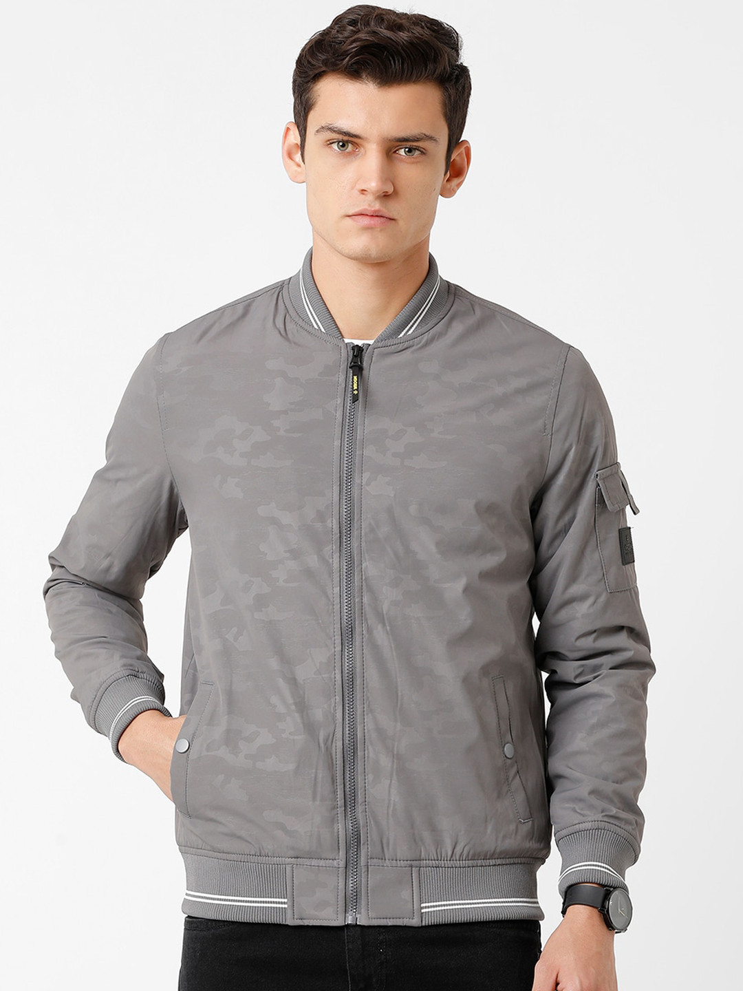 Buy WROGN Men Grey Camouflage Printed Bomber Jacket - Jackets for Men ...