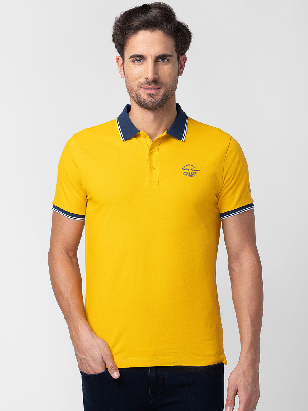 Buy Being Human Men Pure Cotton Polo Collar T Shirt With Applique ...