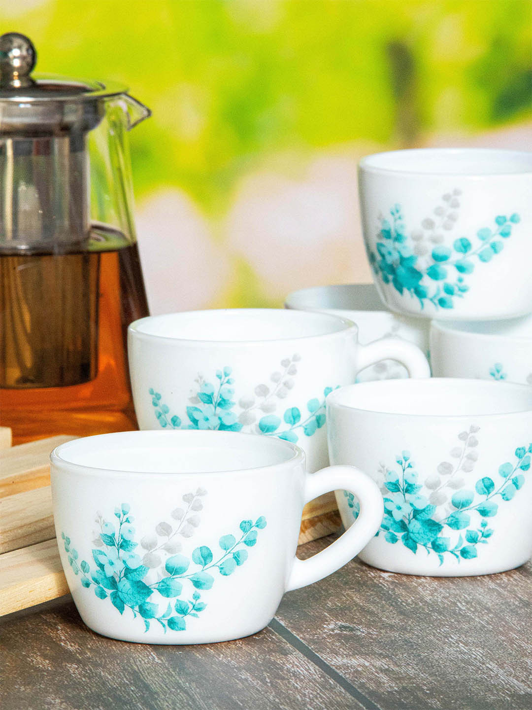 Buy Cello Imperial King Set Of 6 Aqua Leaves Opalware Cup Set 130ml ...