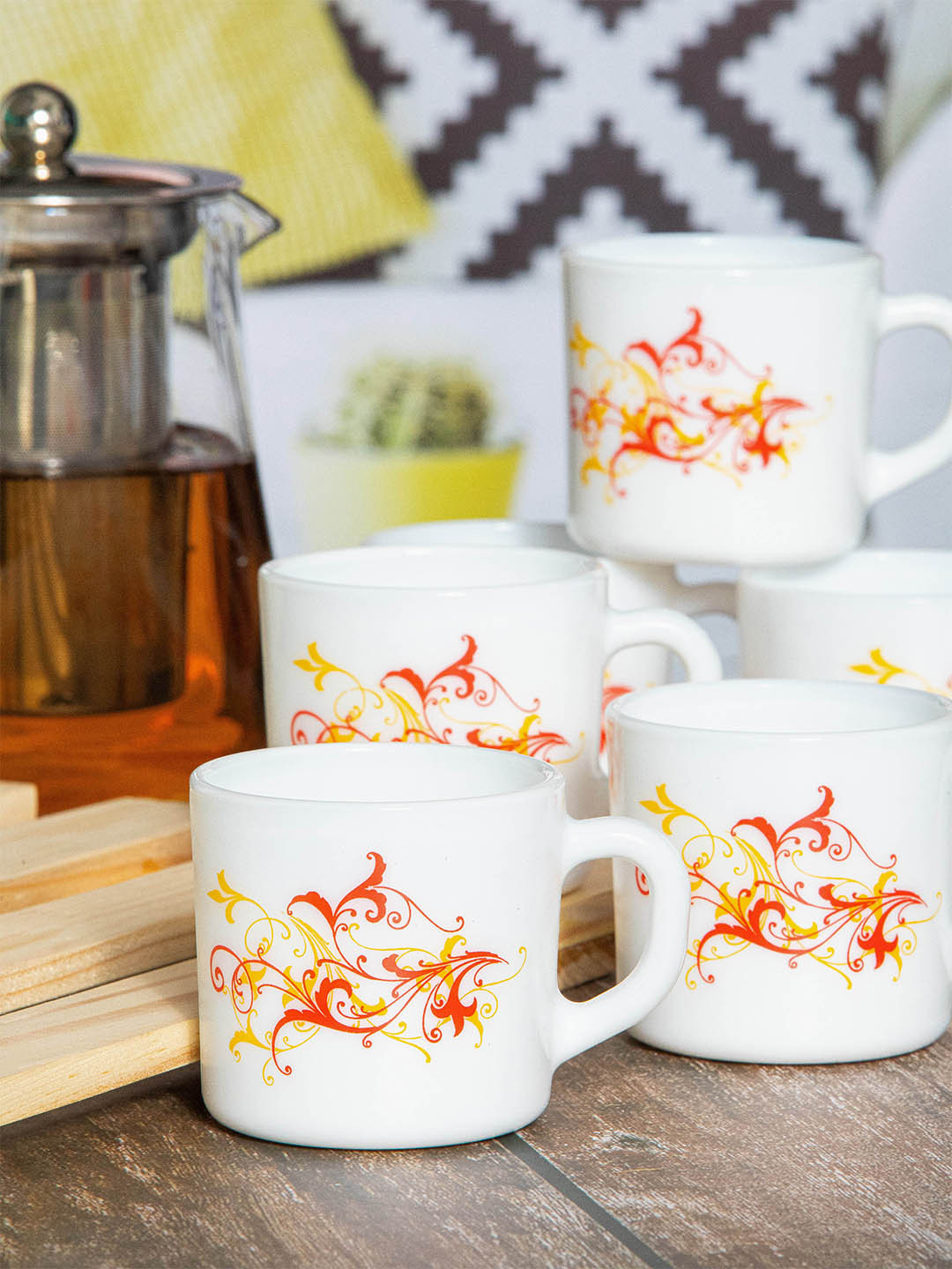 Buy Cello White & Red Red Red Floral Printed Opalware Glossy Cups Set ...