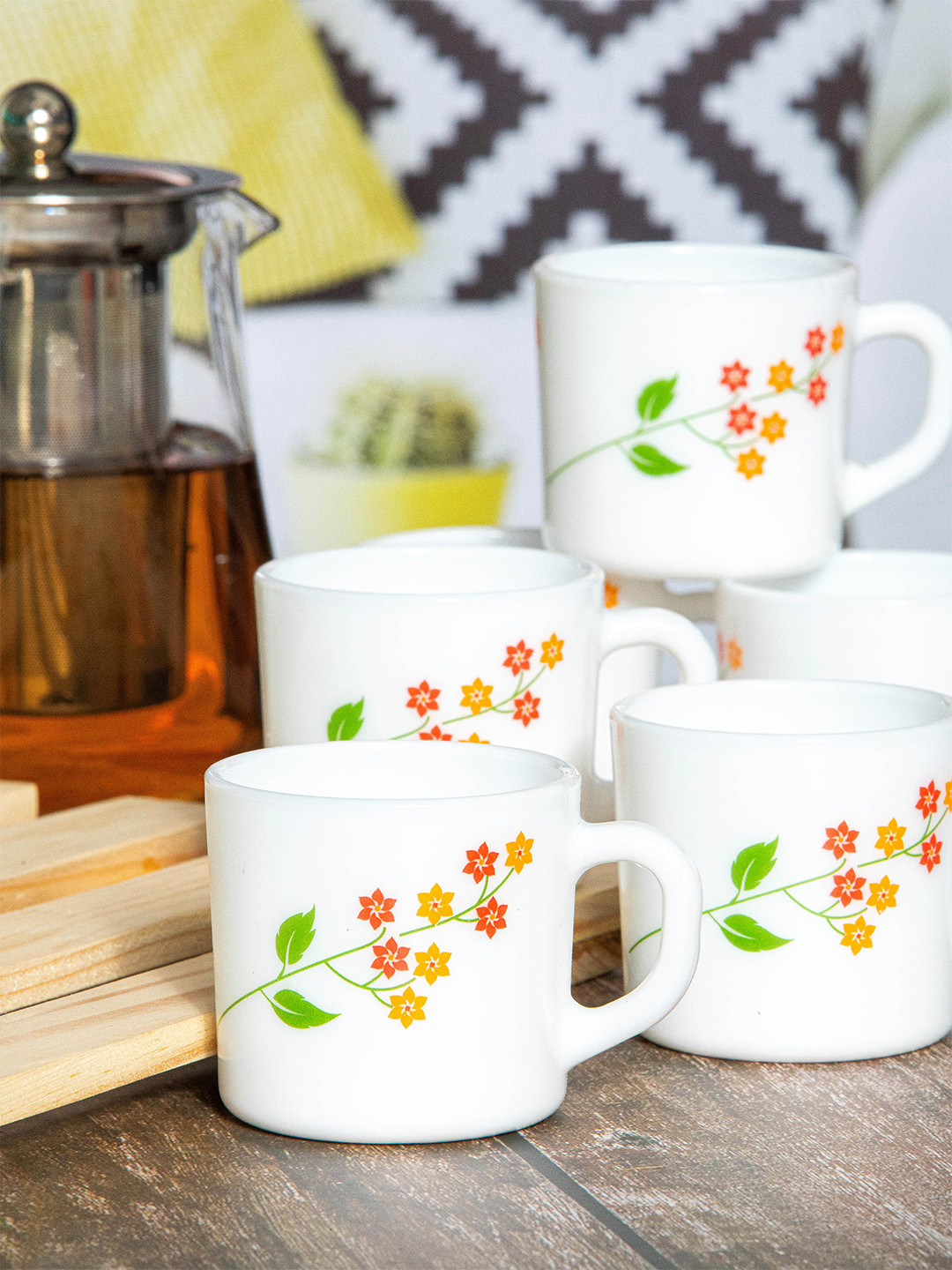 Buy Cello White & Red Red Red Floral Printed Opalware Glossy Cups Set ...