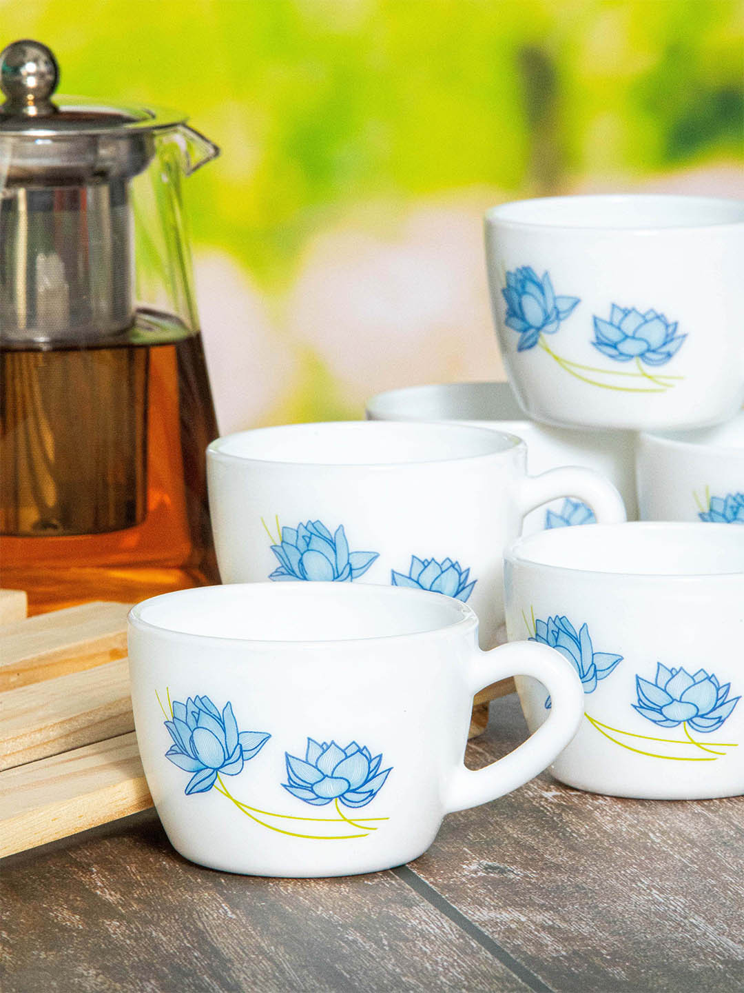 Buy Cello White & Blue Set Of 12 Floral Printed Opalware Glossy Coffee ...