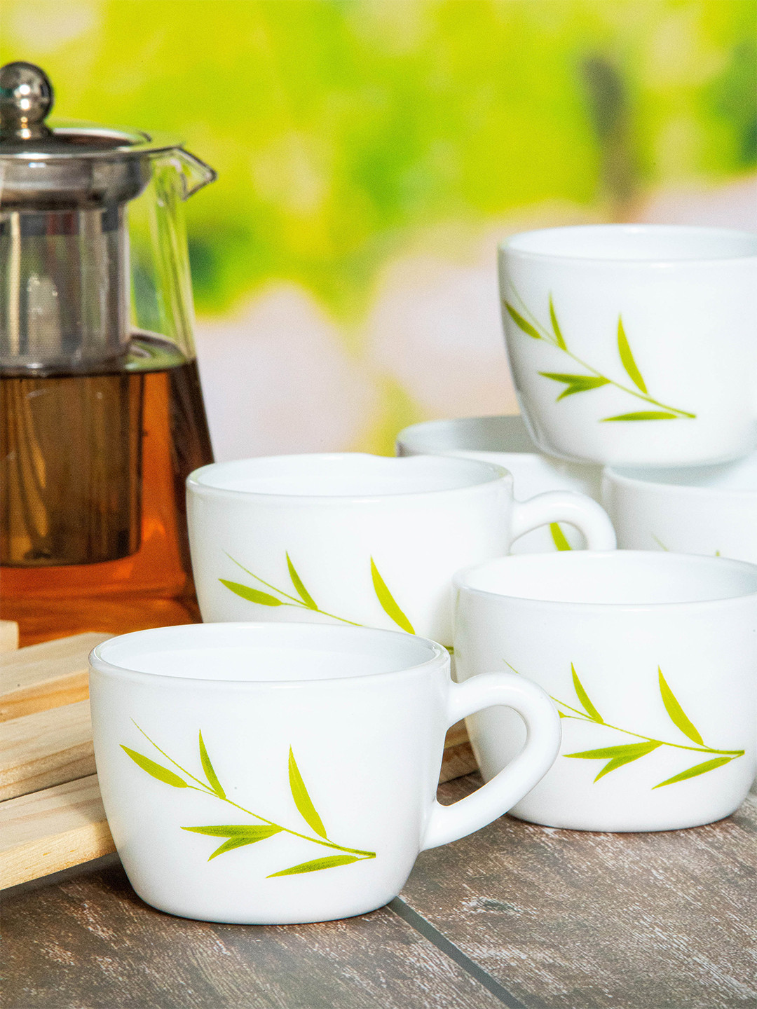 Buy Cello White & Green Green Green Floral Printed Opalware Glossy Cups ...