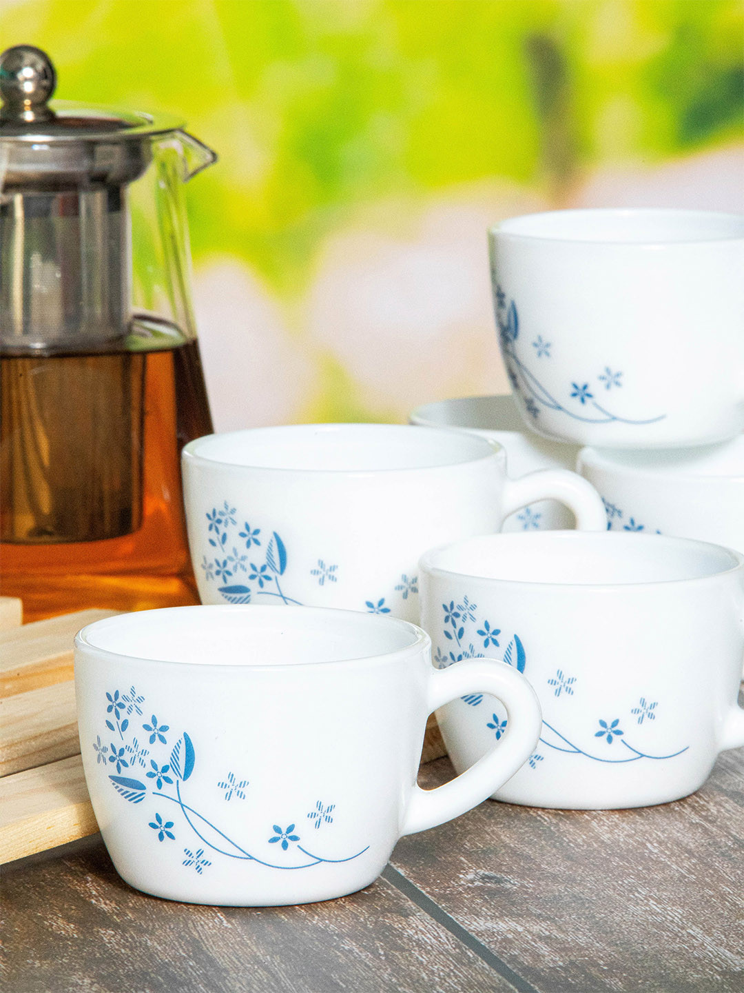 Buy Cello White & Blue Set Of 12 Floral Printed Opalware Glossy Cups ...