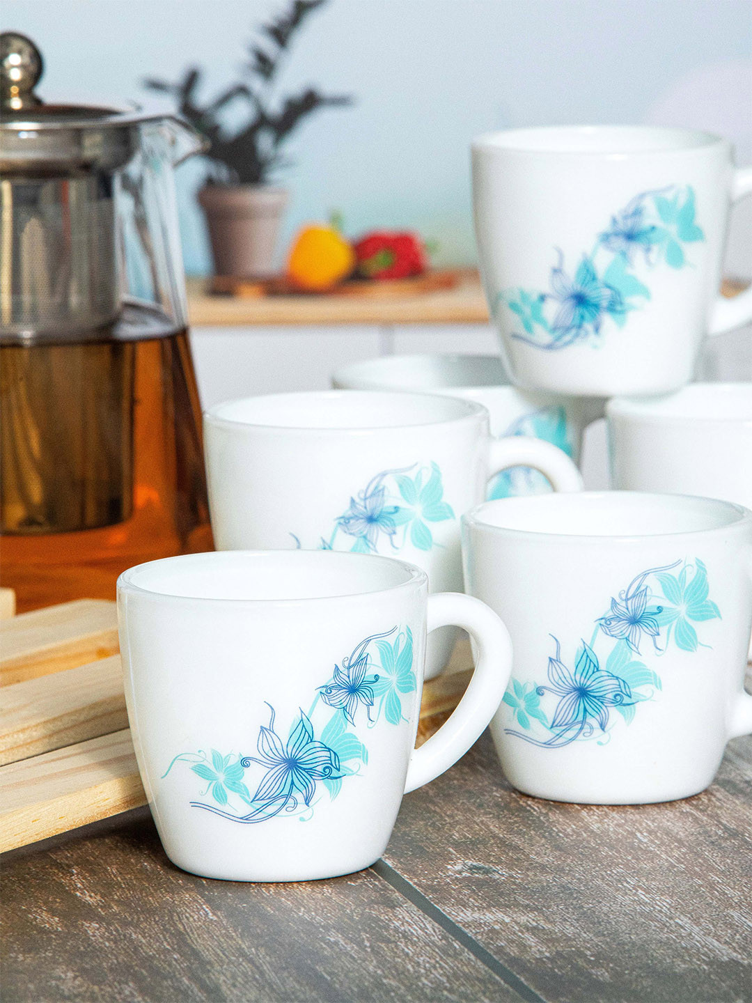Buy Cello White & Blue Set Of 12 Floral Printed Opalware Glossy Cups ...