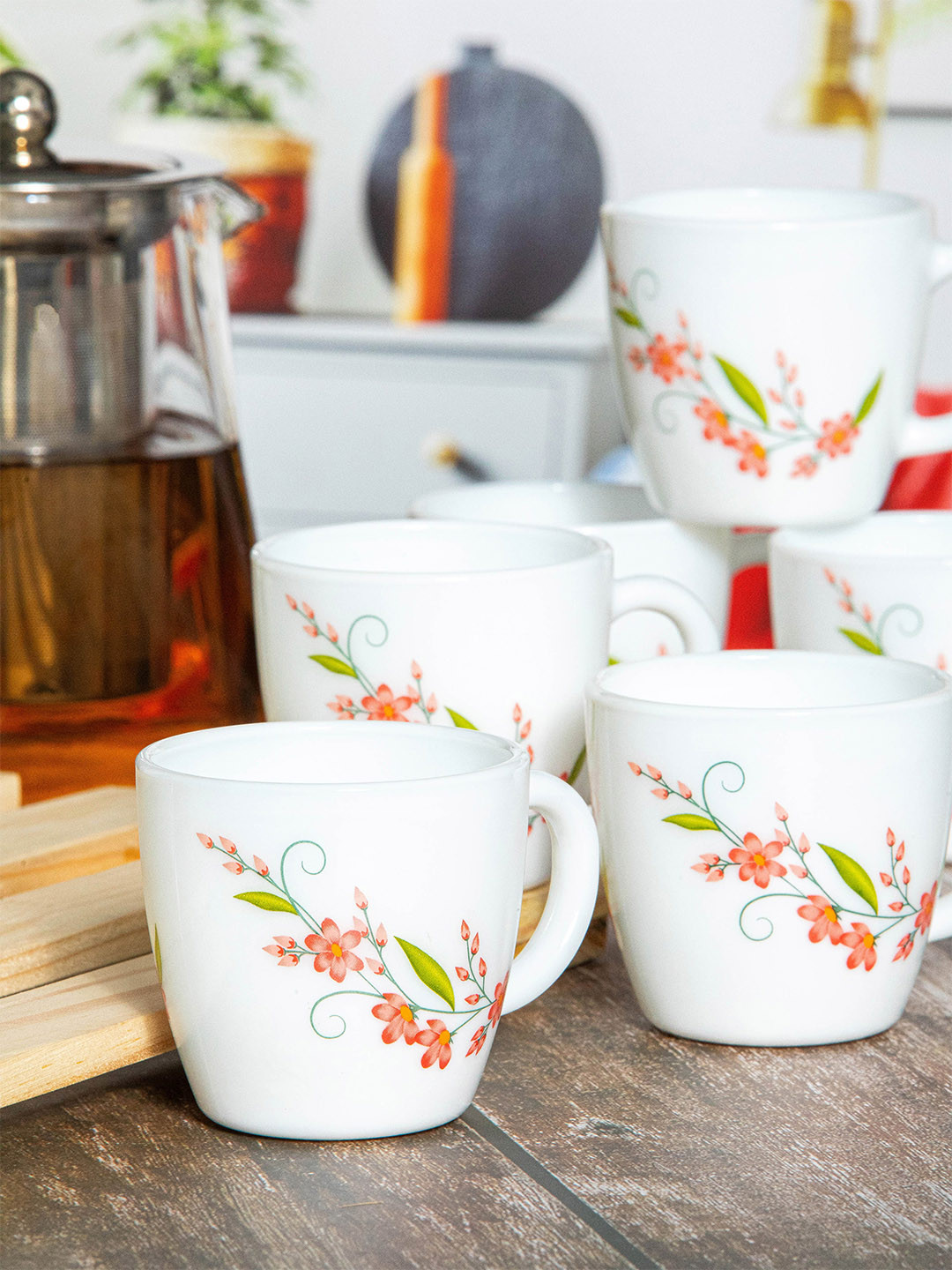 Buy Cello White & Orange Set Of 12 Floral Printed Opalware Matte Cups ...