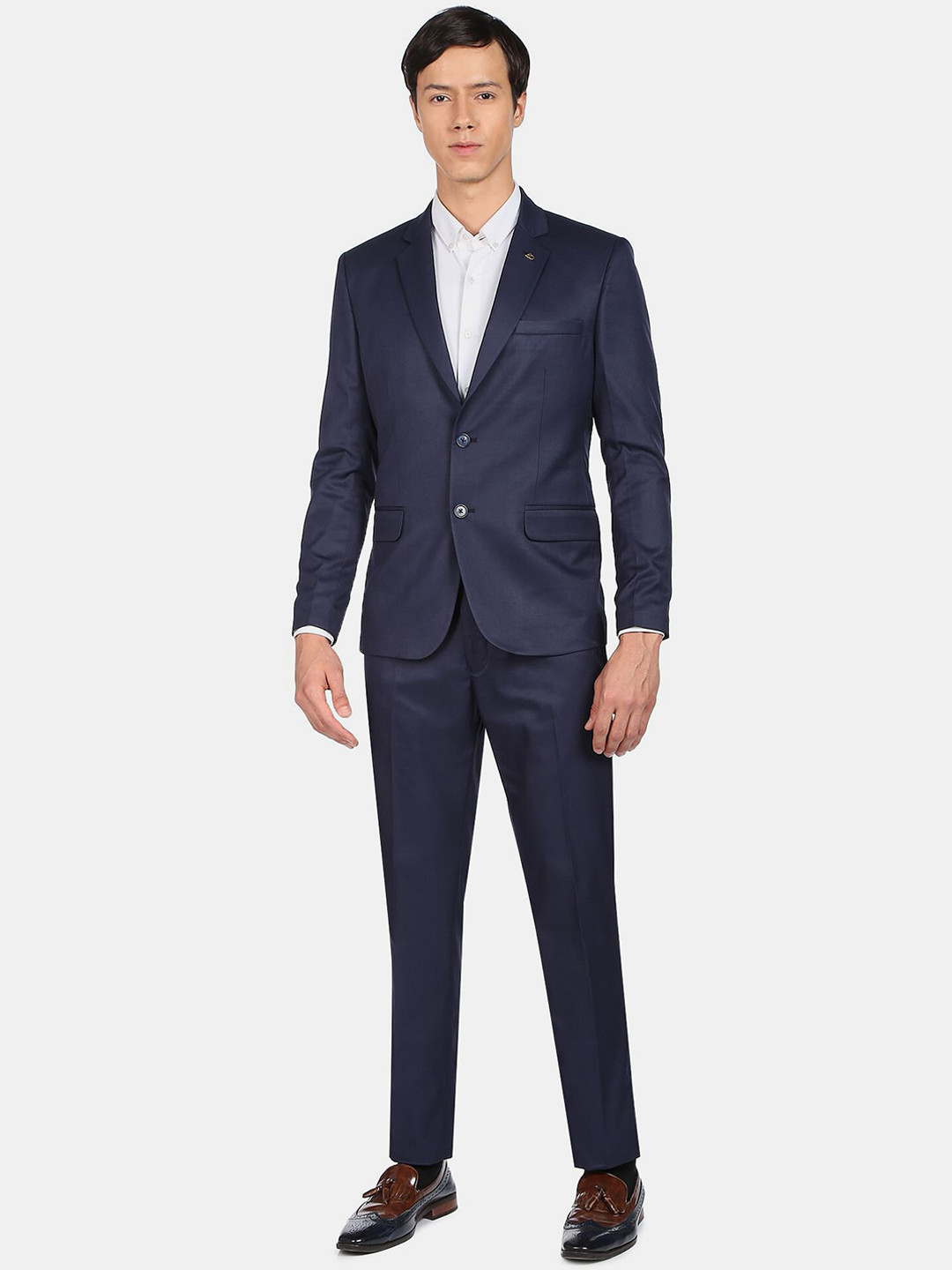 Buy AD By Arvind Men Navy Blue Tailored Fit Single Breasted Two Piece ...