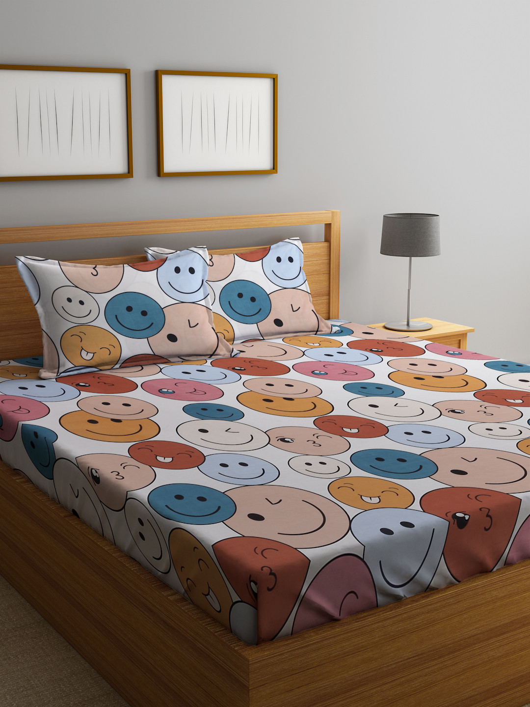 Buy KLOTTHE White & Blue Cartoon Characters 300 TC Fitted King Bedsheet ...