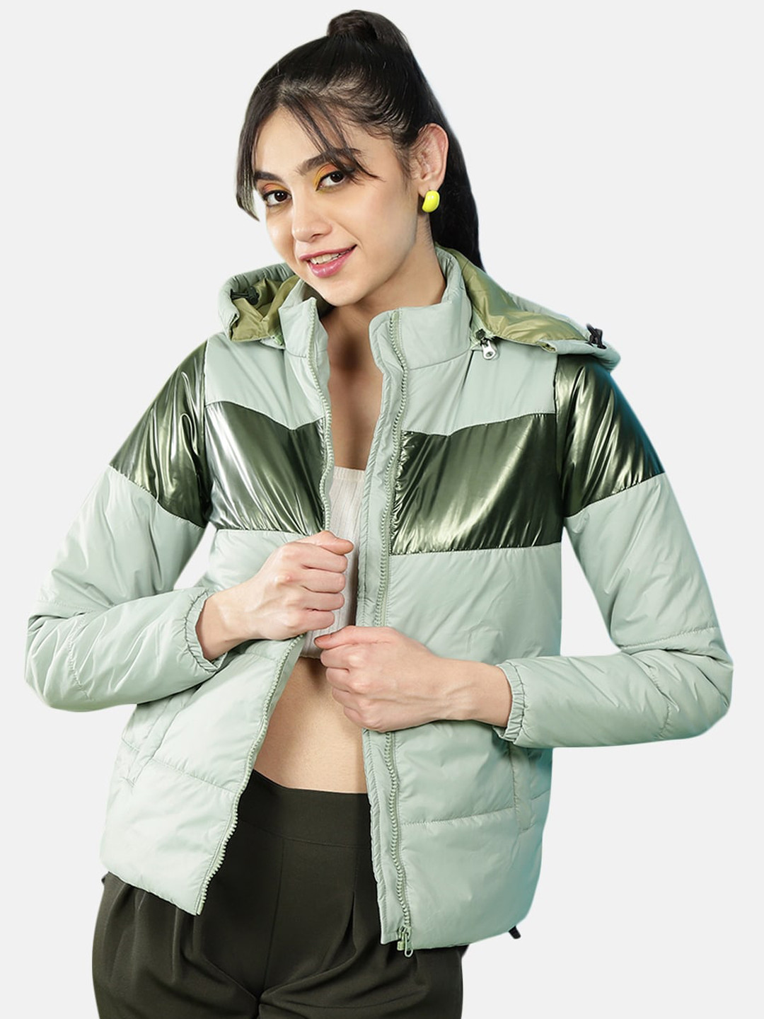 Buy Freehand Women Green Colourblocked Crop Outdoor Puffer Jacket ...