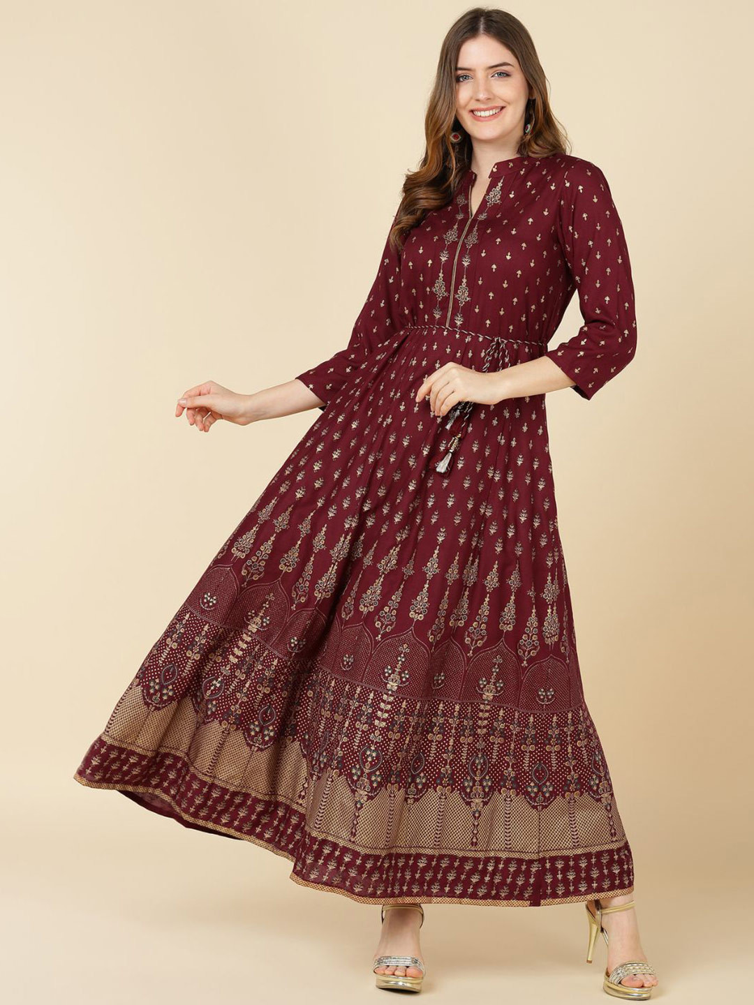 Buy VEDANA Maroon Ethnic Motifs Printed Maxi Dress - Ethnic Dresses for ...