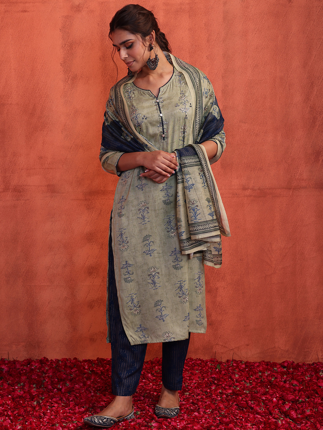 Buy INDYA Ethnic Motifs Embroidered Kurti With Salwar & With Dupatta ...