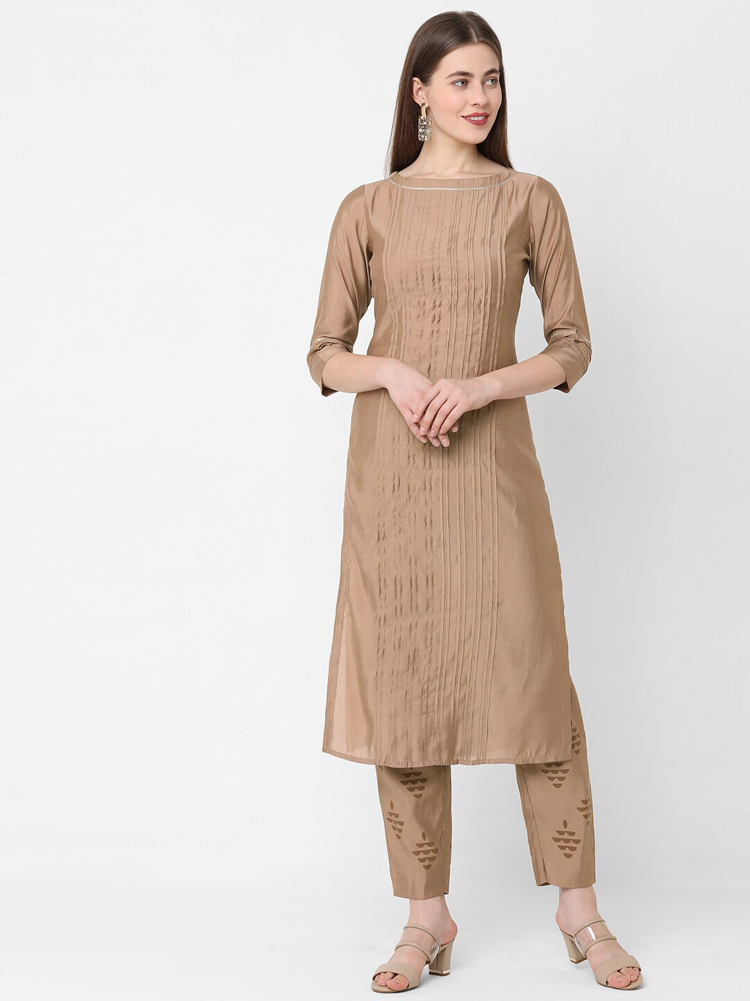 Buy KAMI KUBI Women Beige Kurta With Trousers - Kurta Sets for Women ...