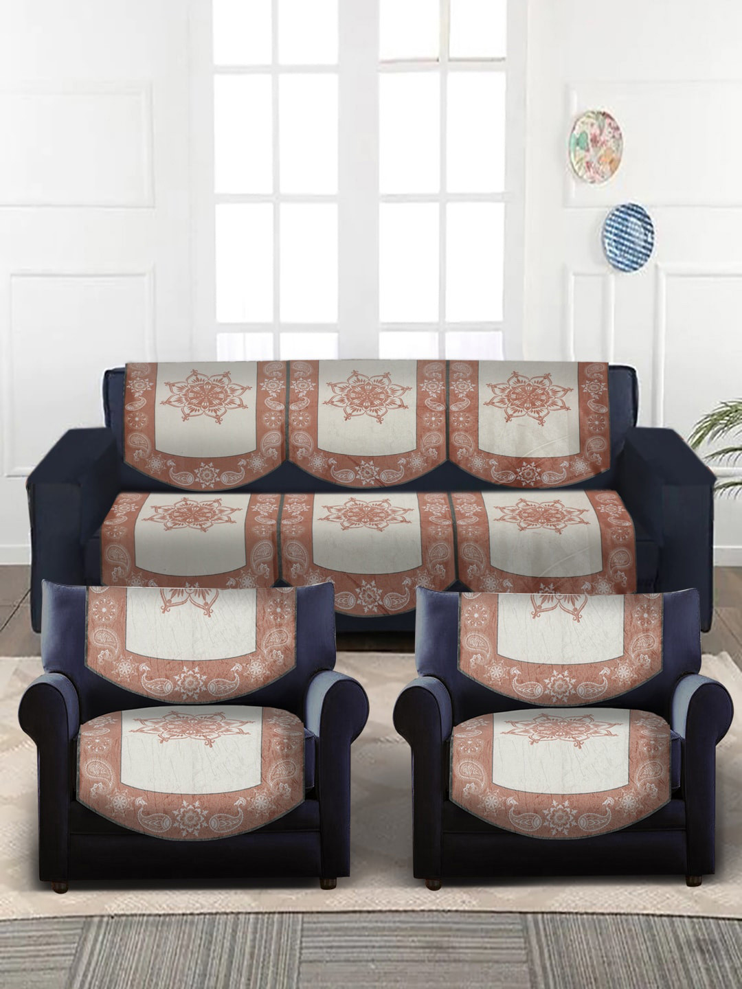Buy Slushy Mushy Set Of 10 Beige & Brown Printed 5 Seater Sofa Covers ...