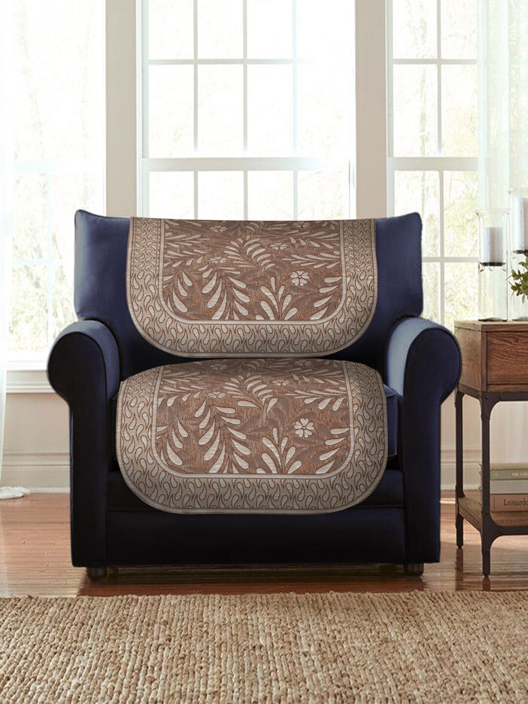 Buy Slushy Mushy Brown & Beige Set Of 10 Printed 5 Seater Chennile Sofa ...