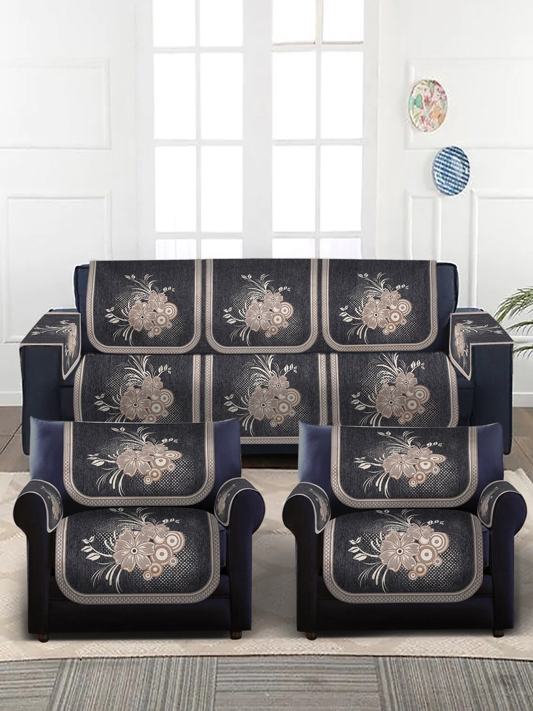 Buy Slushy Mushy Set Of 16 Black & Beige Printed 5 Seater Sofa Covers ...