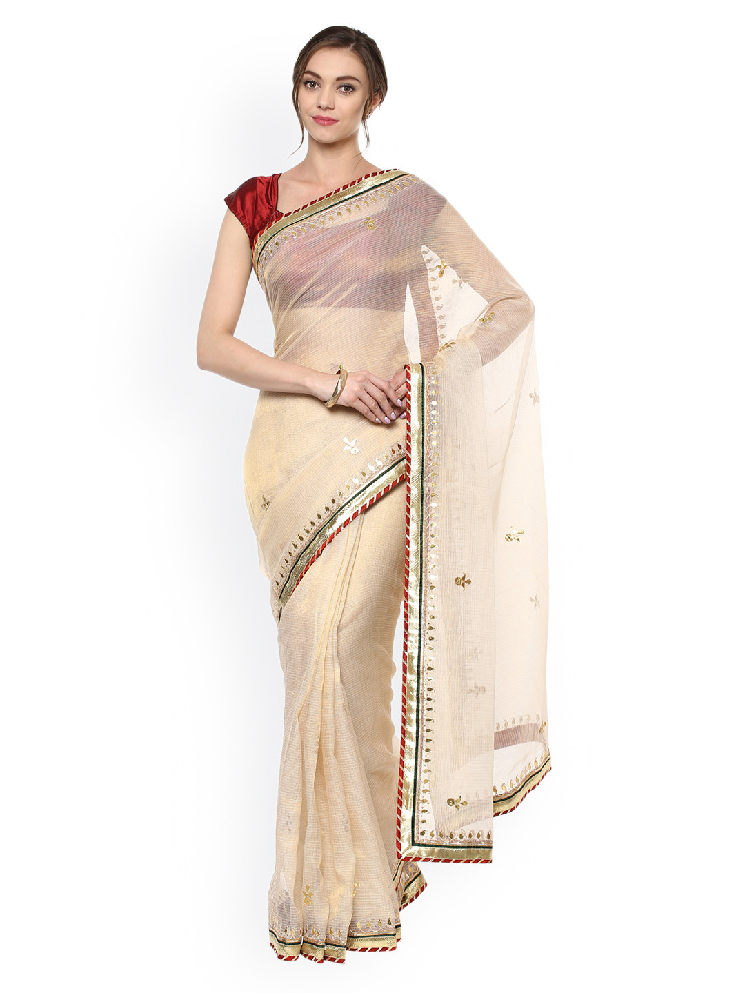 Buy Geroo Jaipur Beige & Gold Toned Tissue Embroidered Kota Saree ...