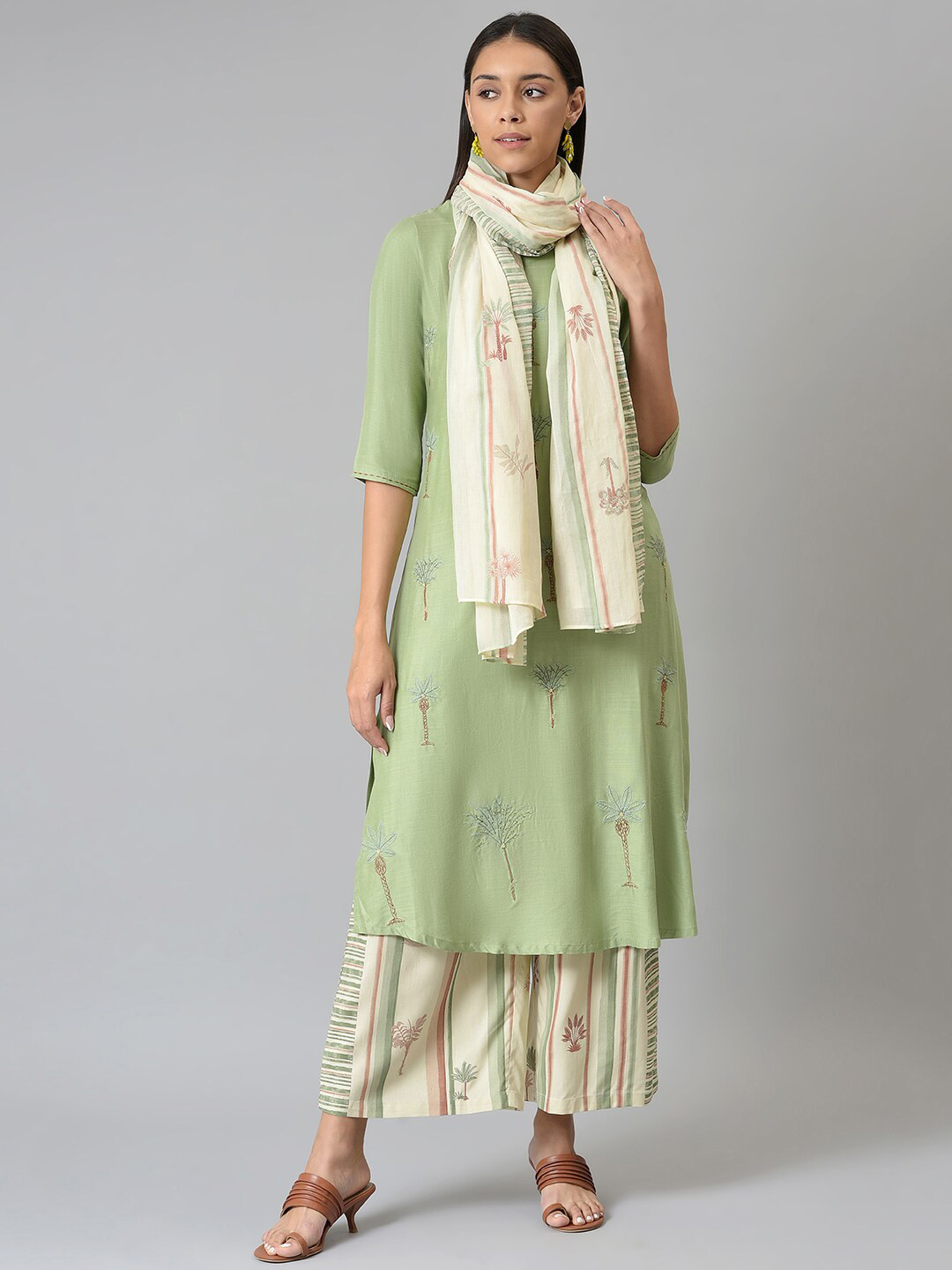 Buy W Printed Rayon Kurta With Parallel Pant & Dupatta - Kurta Sets for ...