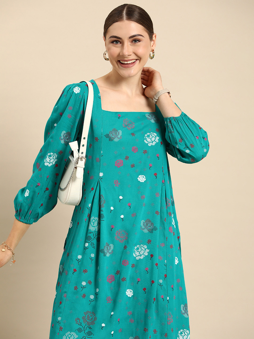 Buy Anouk Women Square Neck Puff Sleeves Floral Printed Floral Kurta ...