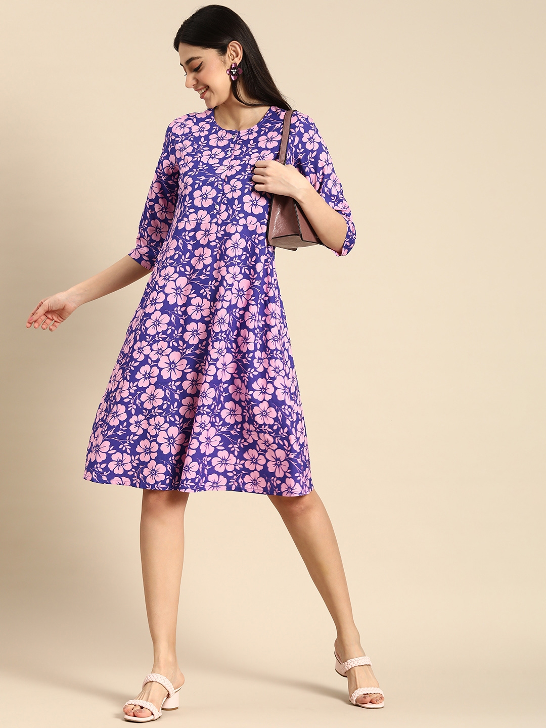 Buy Anouk Round Neck Floral Printed Knee Length A Line Ethnic Dress