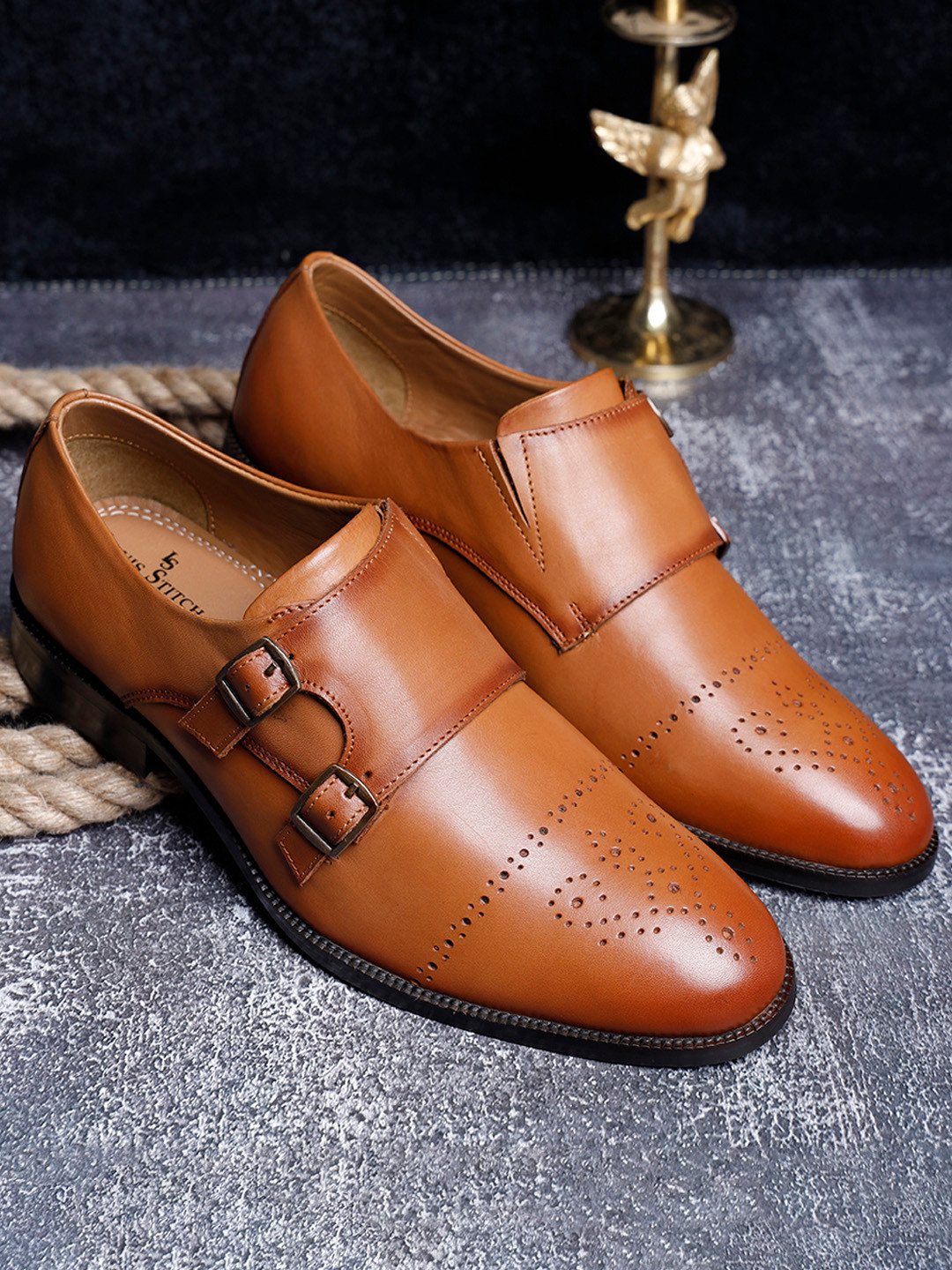 Buy LOUIS STITCH Men Premium Leather Dual Tone Patina Monk Shoes ...