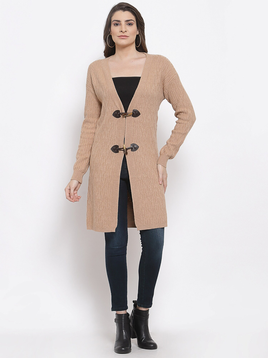 Buy Mafadeny Women Beige Longline Button Shrug - Shrug for Women ...