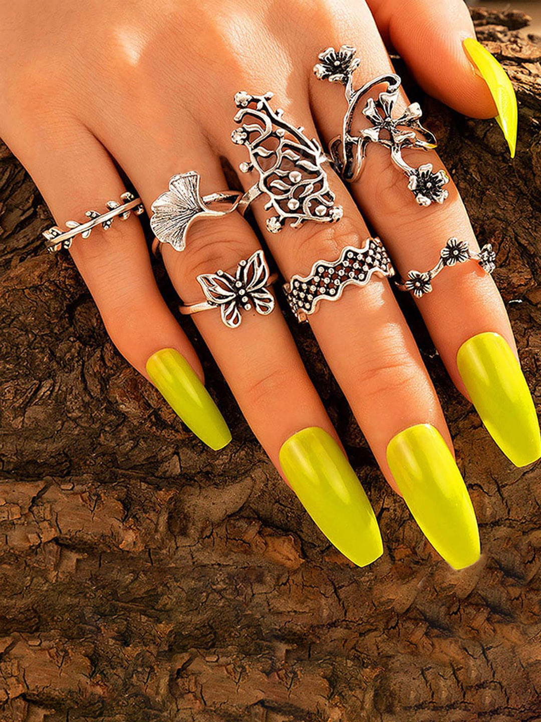 Buy Designs By Jewels Set Of 7 Galaxy Silver Plated Adjustable Finger ...