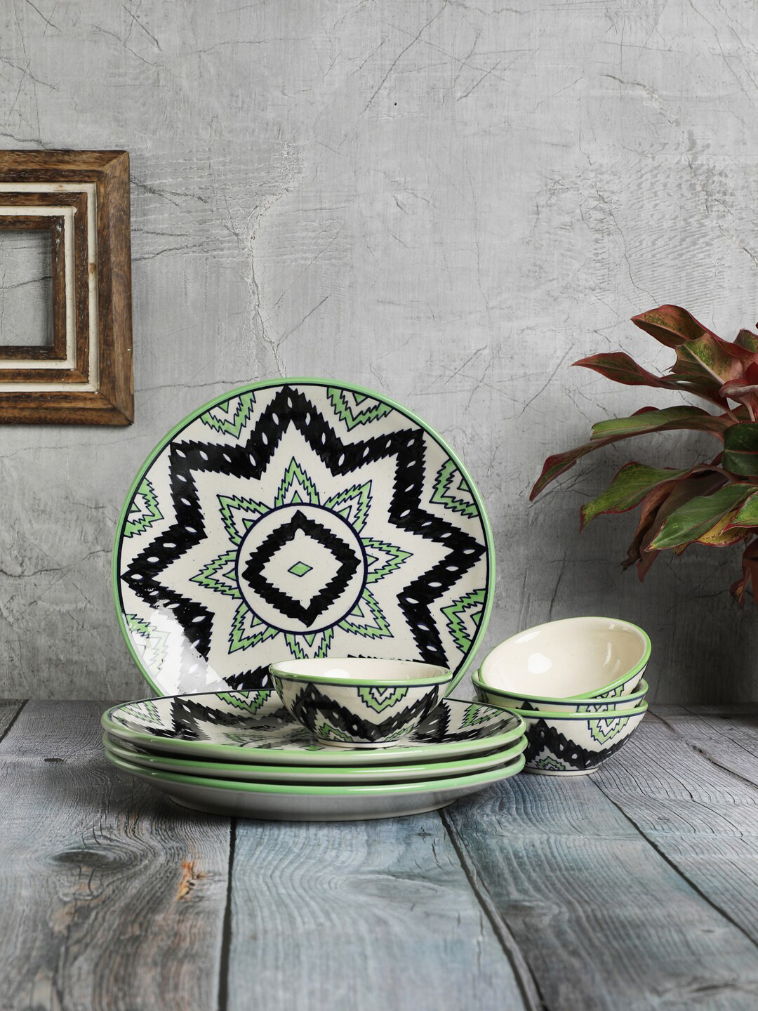 Buy VarEesha Aztec White & Green 8 Pieces Printed Ceramic Glossy Dinner ...