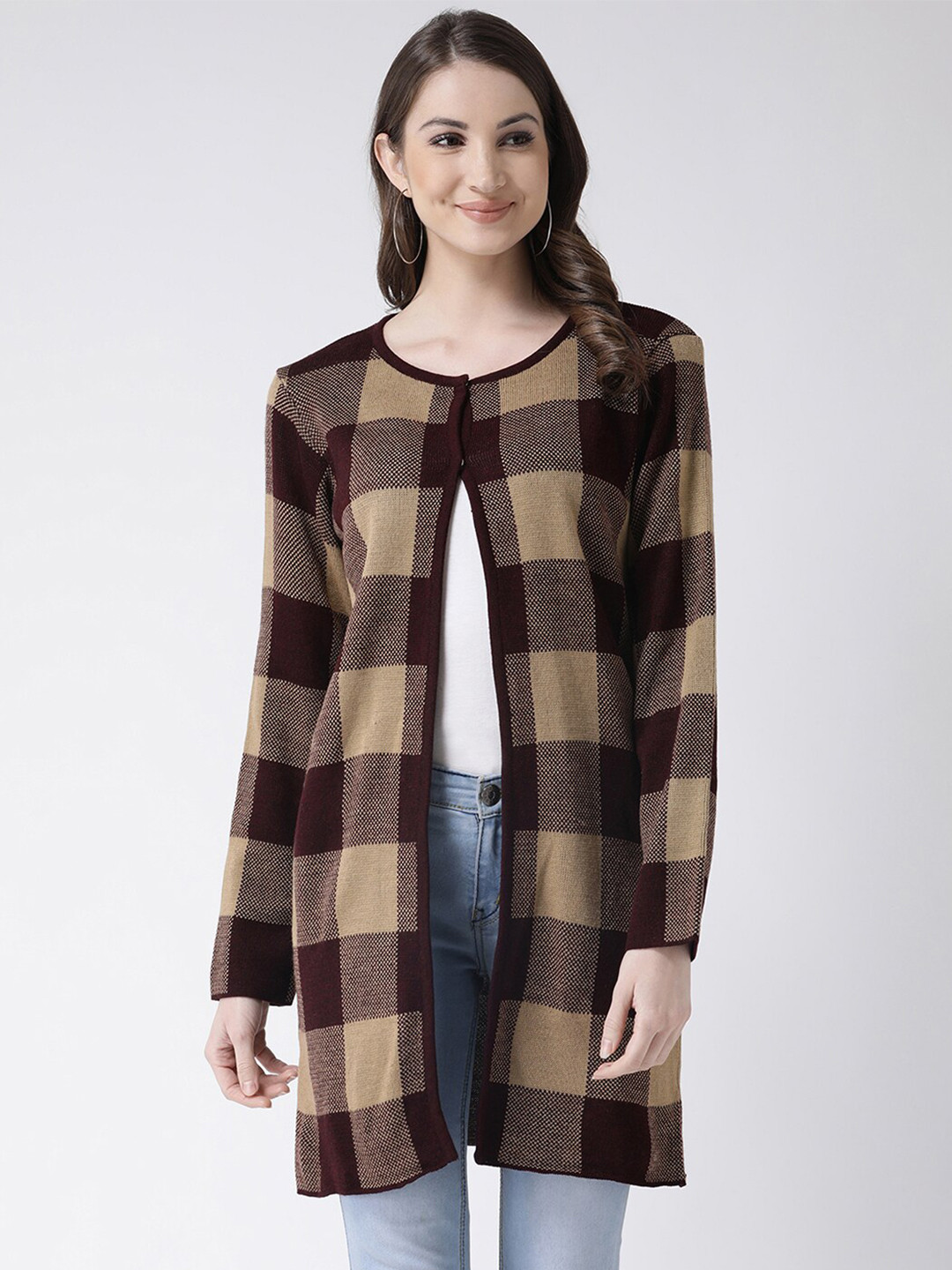 Buy Club York Women Beige Checked Colourblocked Open Front Acrylic ...