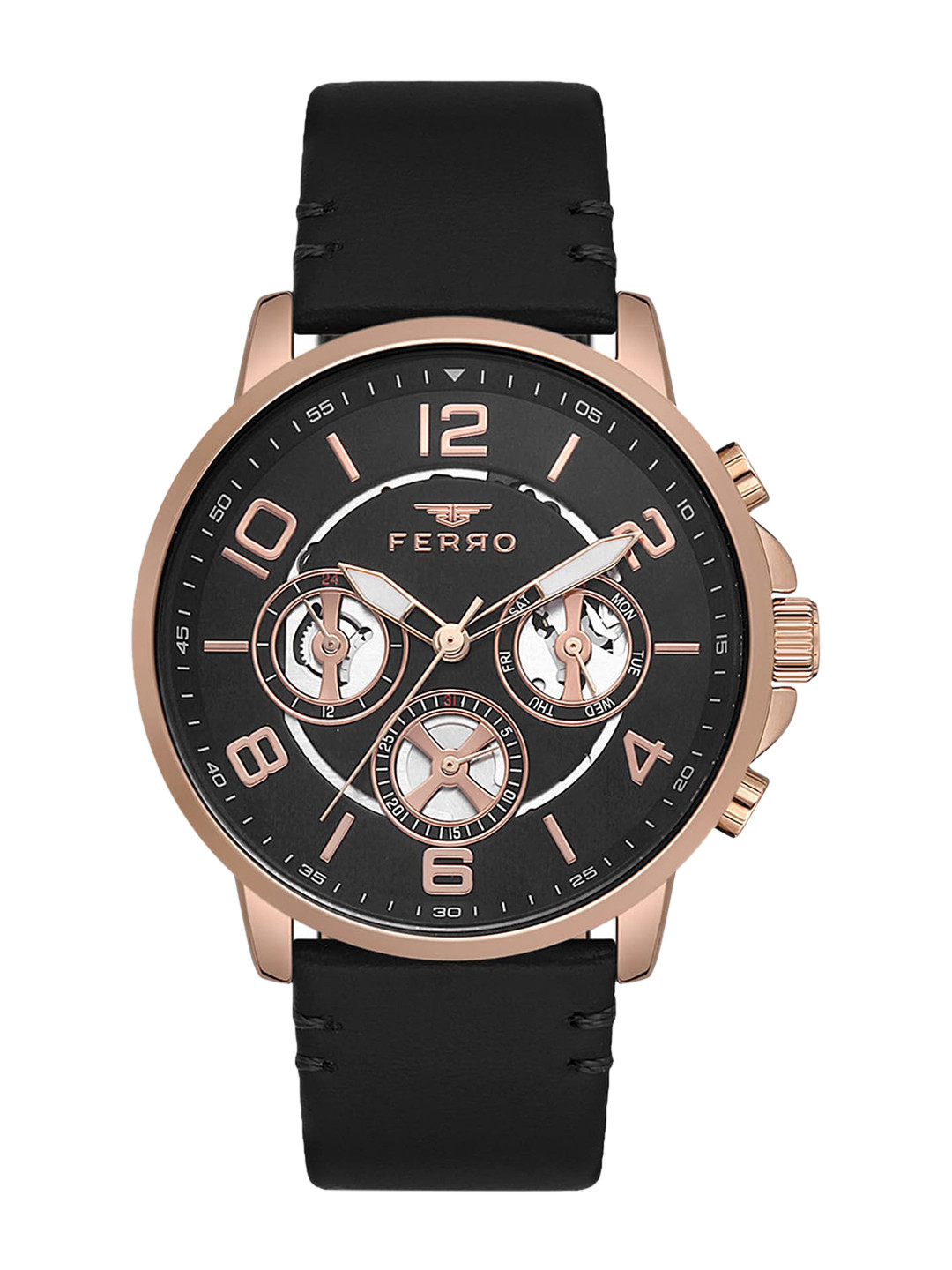 Buy Ferro Men Brass Dial & Leather Straps Analogue Multi Function Watch ...