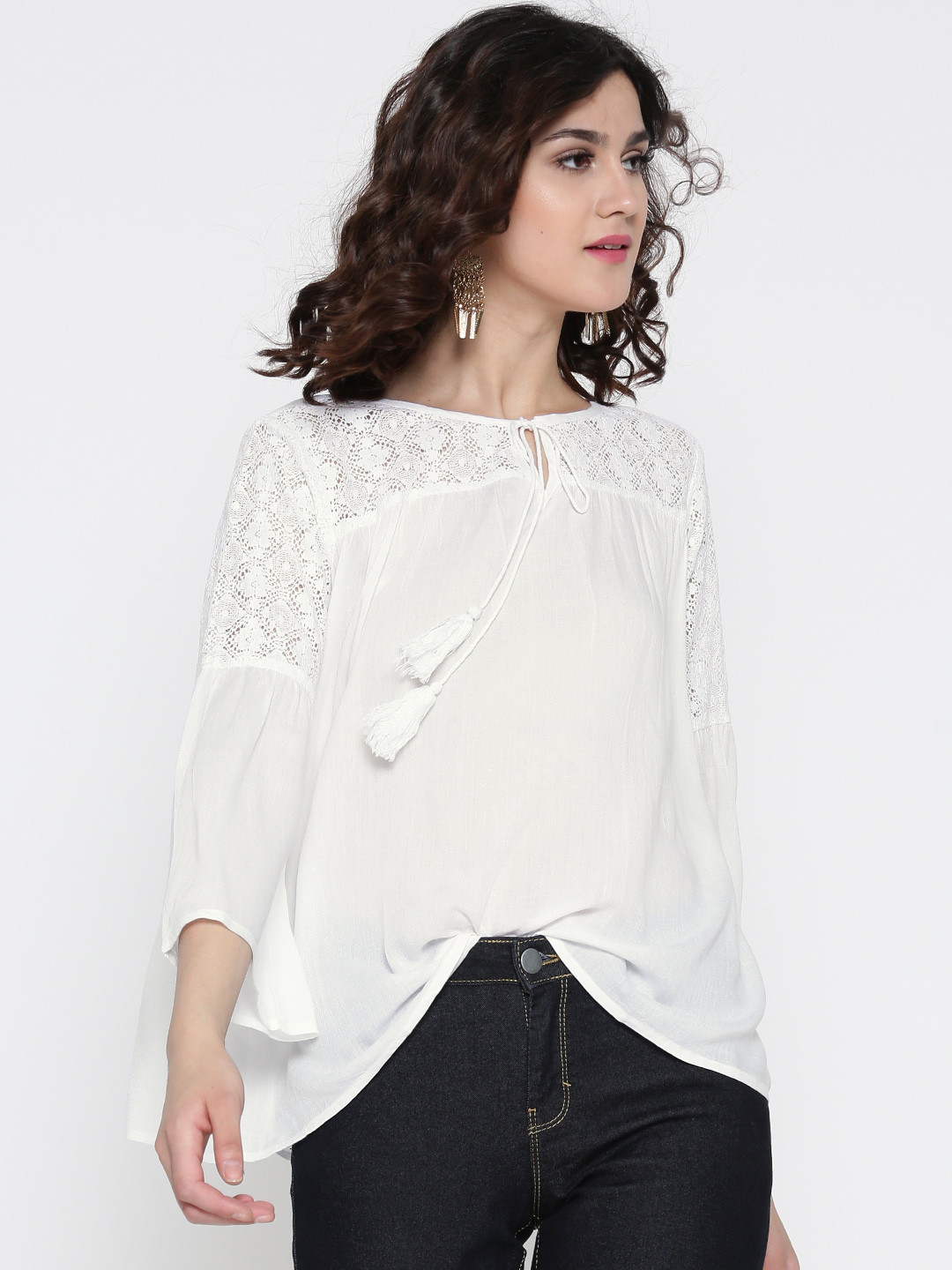 Buy HERE&NOW Women White Lace Detail A Line Top - Tops for Women ...