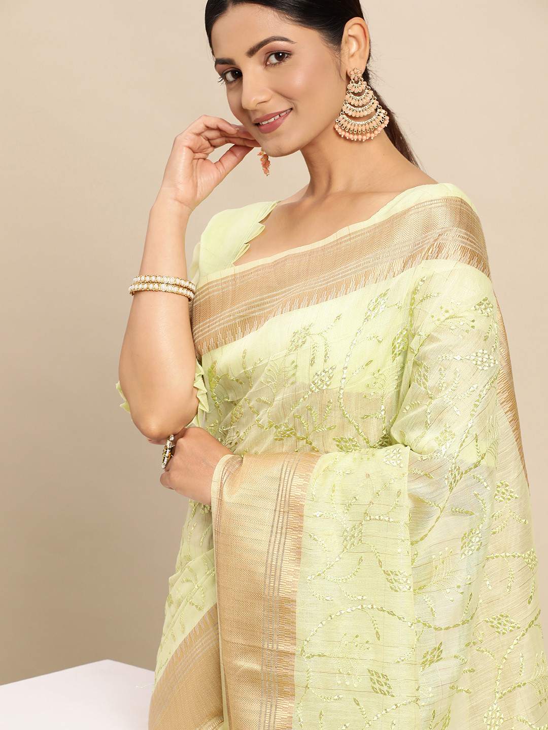 Buy Mitera Lime Green Floral Sequinned Pure Linen Saree - Sarees for ...