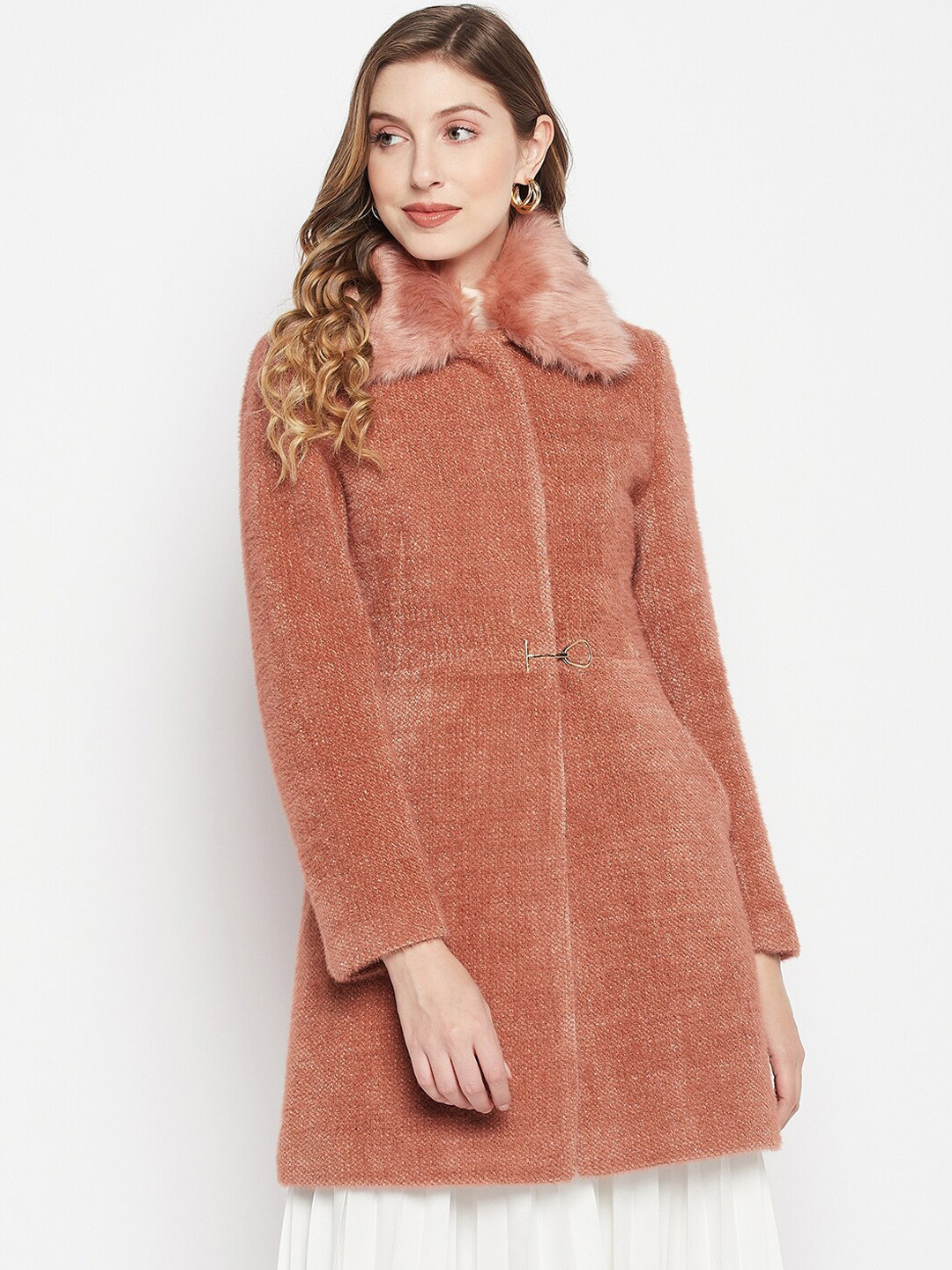 Buy Madame Women Regular Fit Faux Fur Trim Overcoats - Coats for Women ...