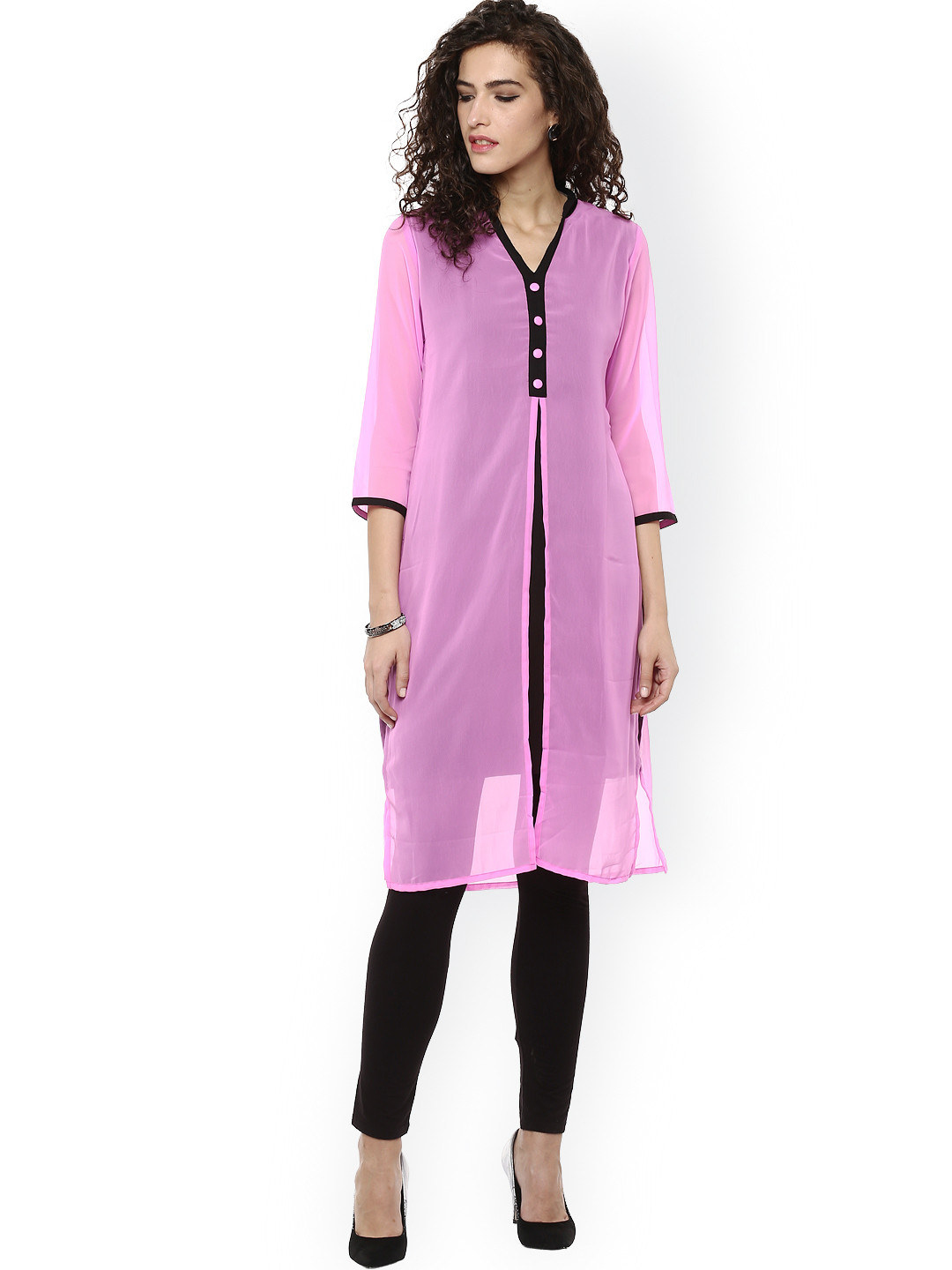 Buy AUM Women Pink & Black Layered Straight Kurta - Kurtas for Women ...