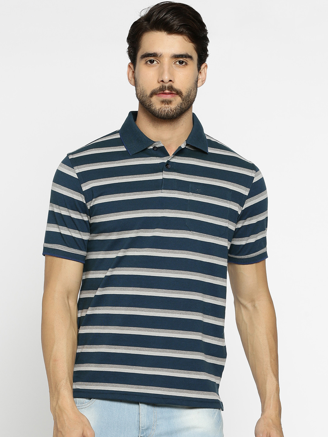 Buy Peter England Men Blue Striped Polo Collar T Shirt - Tshirts for ...