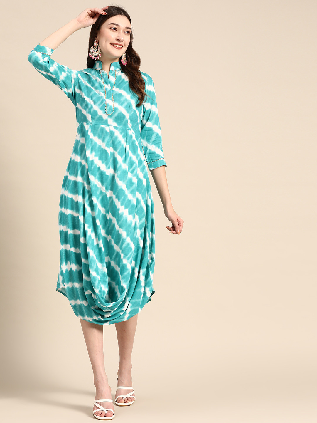 Buy MABISH By Sonal Jain Mandarin Collar Leheriya Front Cowl Midi ...