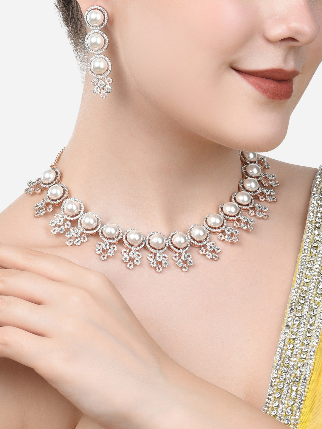 Buy Zaveri Pearls Rose Gold Plated CZ Stone Studded & Pearl Jewellery ...