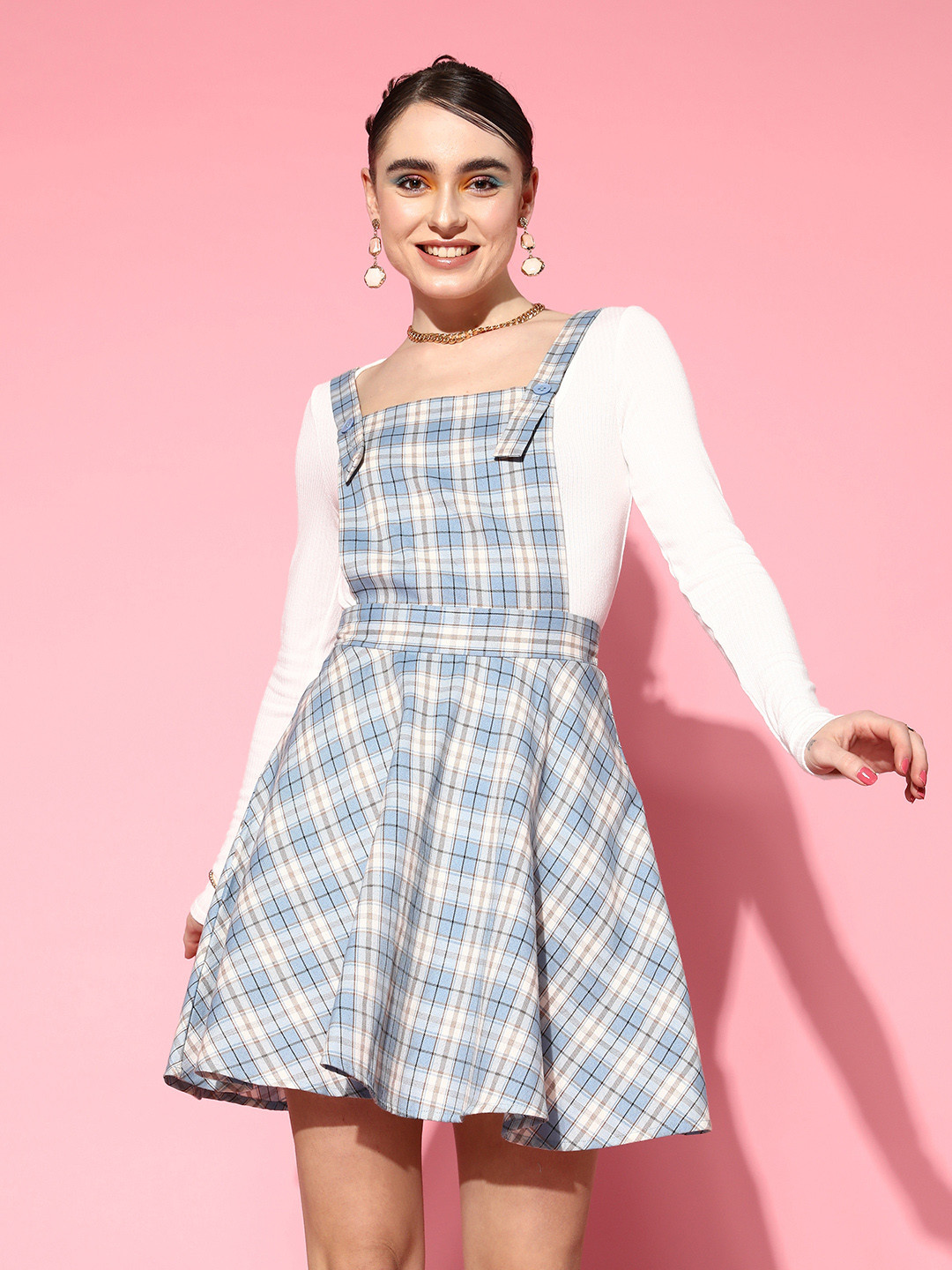 Buy Berrylush Blue & White Checked Crepe Pinafore Mini Dress - Dresses ...