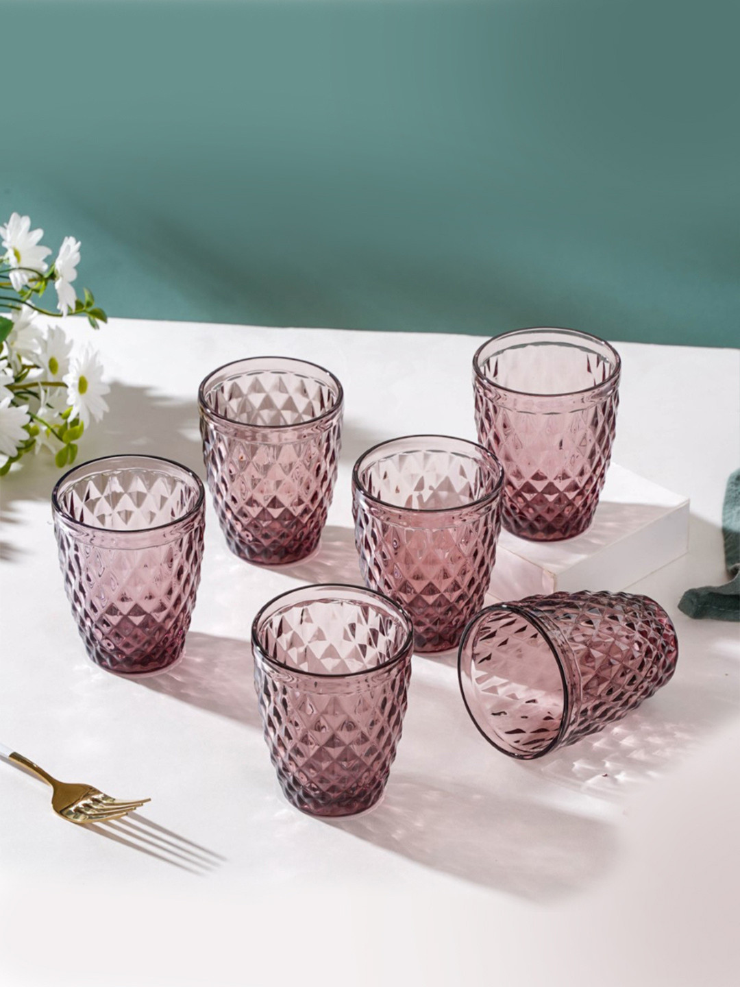 Buy Nestasia Mauve Set Of 6 Textured Water Glass 250 Ml Each - Water ...