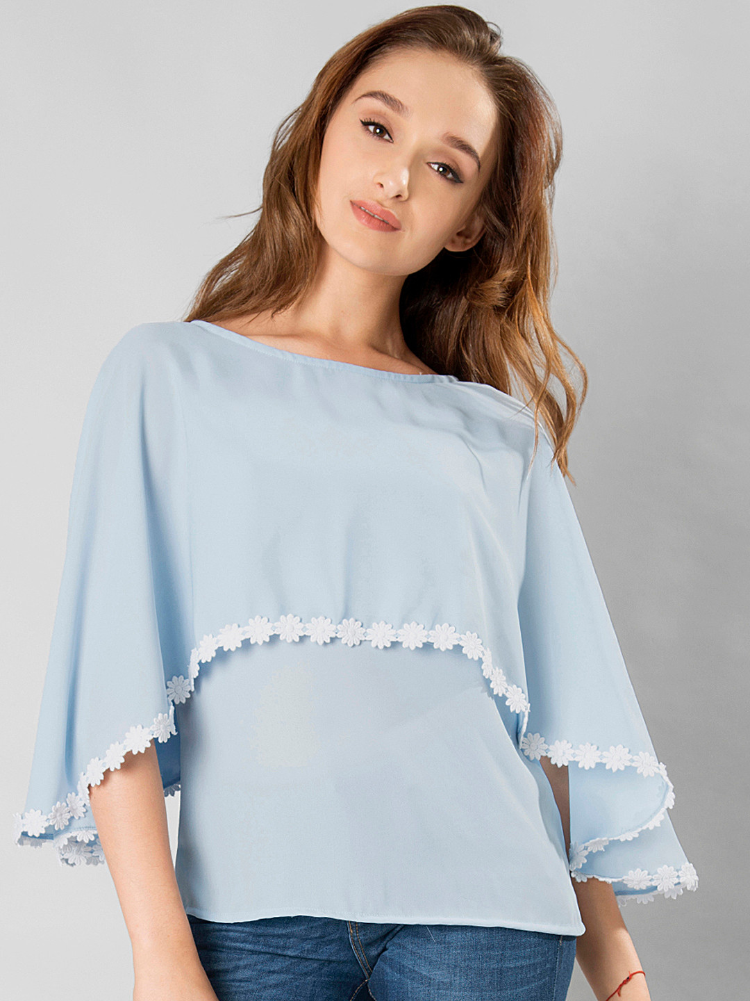 Buy FabAlley Women Blue Layered Cape Top With Lace Trim - Tops for ...