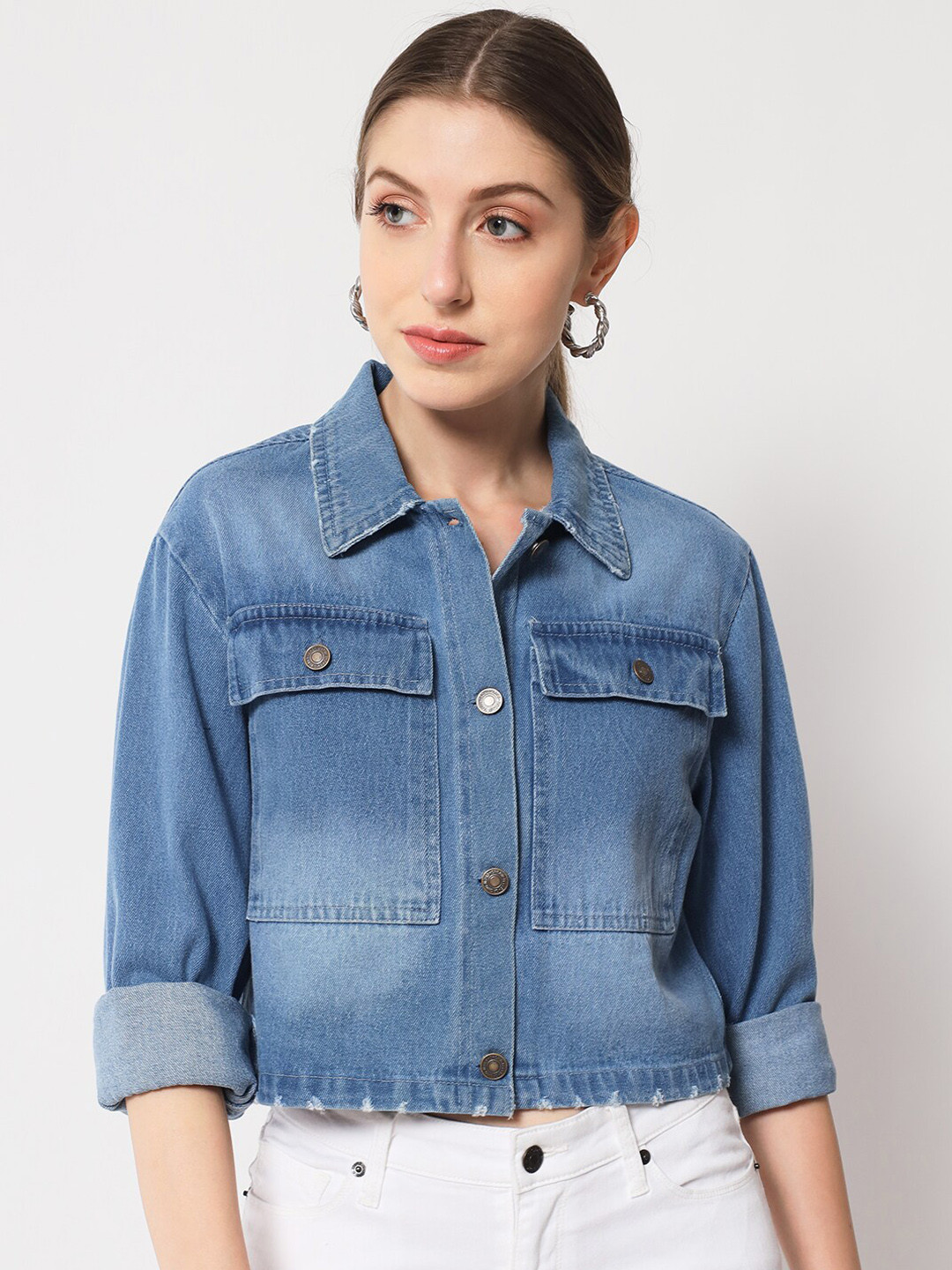 Buy Orchid Blues Women Washed Pure Cotton Lightweight Crop Denim Jacket ...