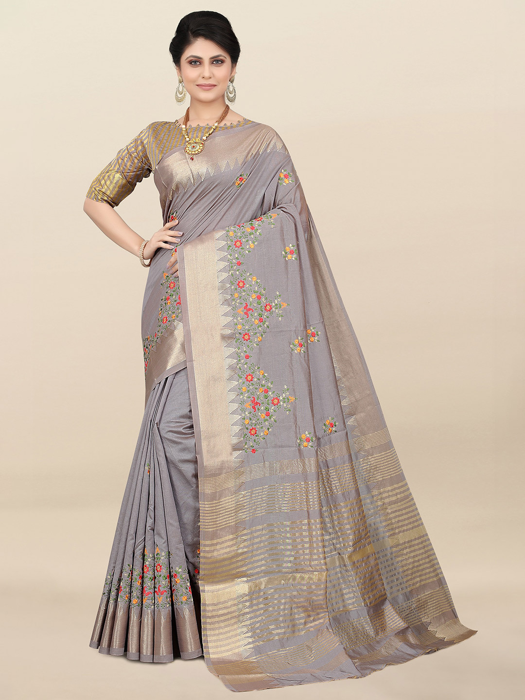 Buy SERONA FABRICS Floral Embroidered Silk Cotton Mysore Silk Saree ...