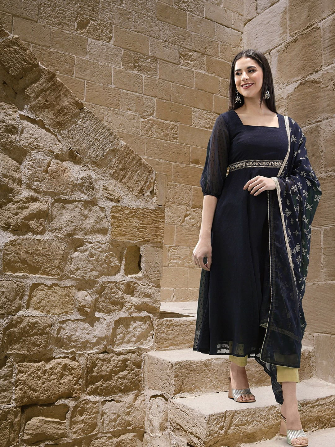 Buy All About You Square Neck Dobby Weave A Line Kurta With Dupatta ...