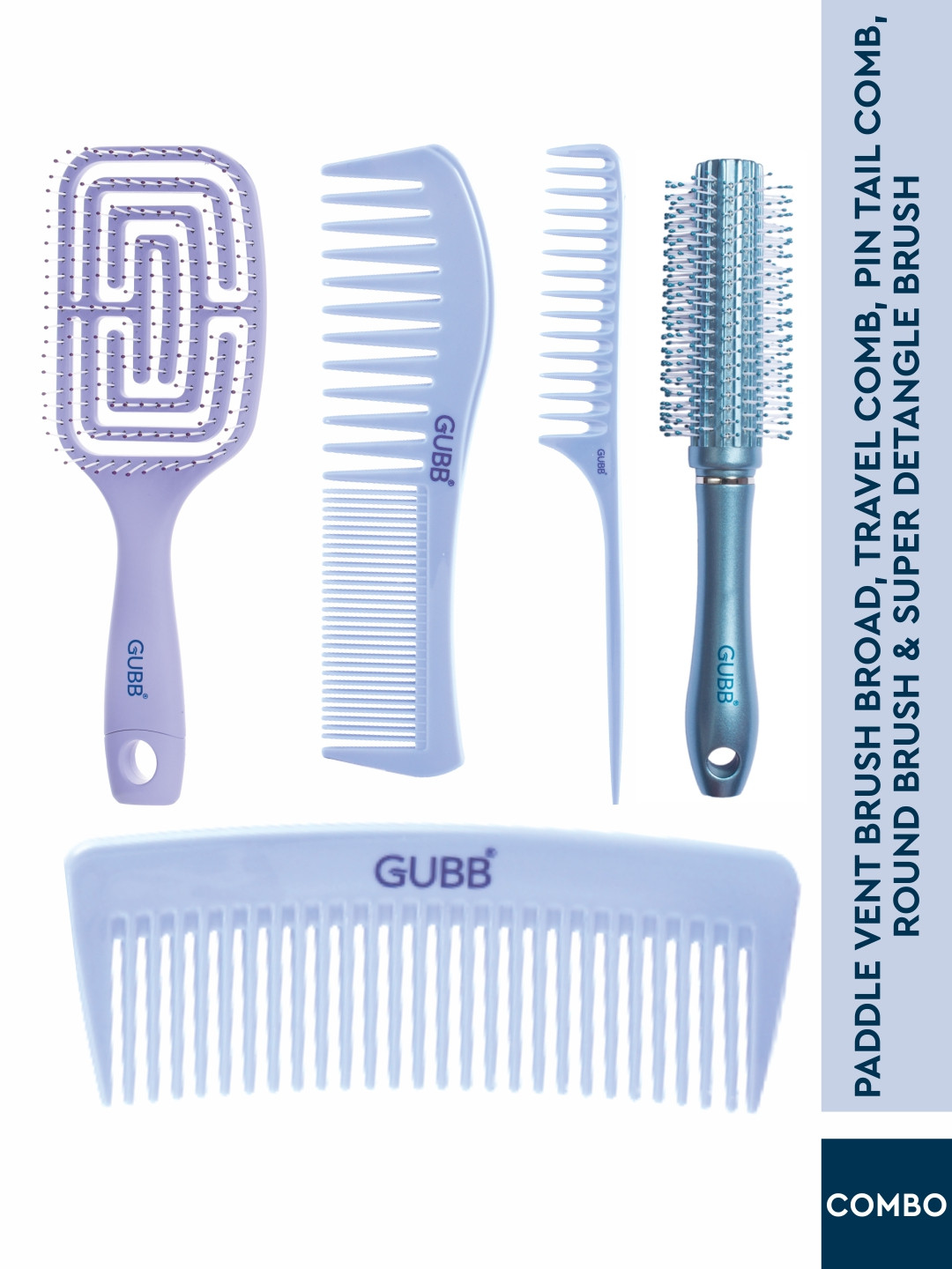 Buy GUBB Paddle Vent Broad Brush+Travel Comb+Pin Tail Comb+Round Brush ...