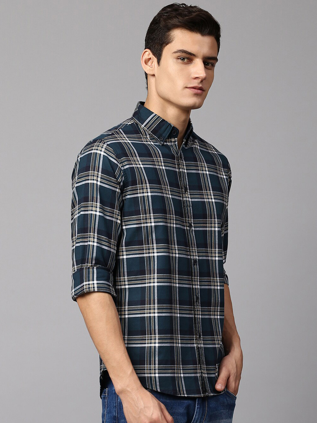 Buy Dennis Lingo Men Teal Slim Fit Tartan Checks Checked Cotton Casual ...