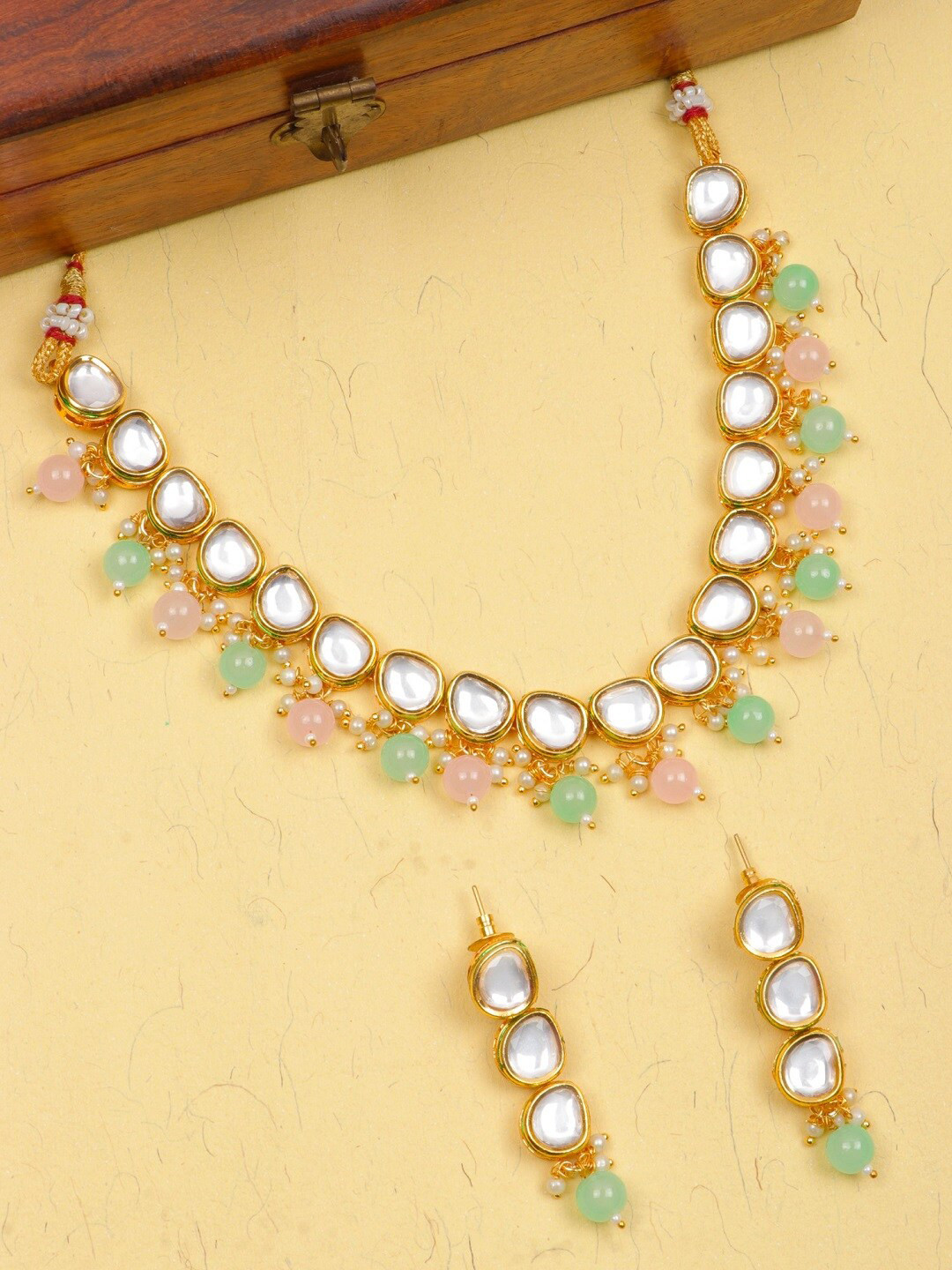 Buy SwaDev Gold Plated Stones Studded & Pearl Beaded Jewellery Set ...